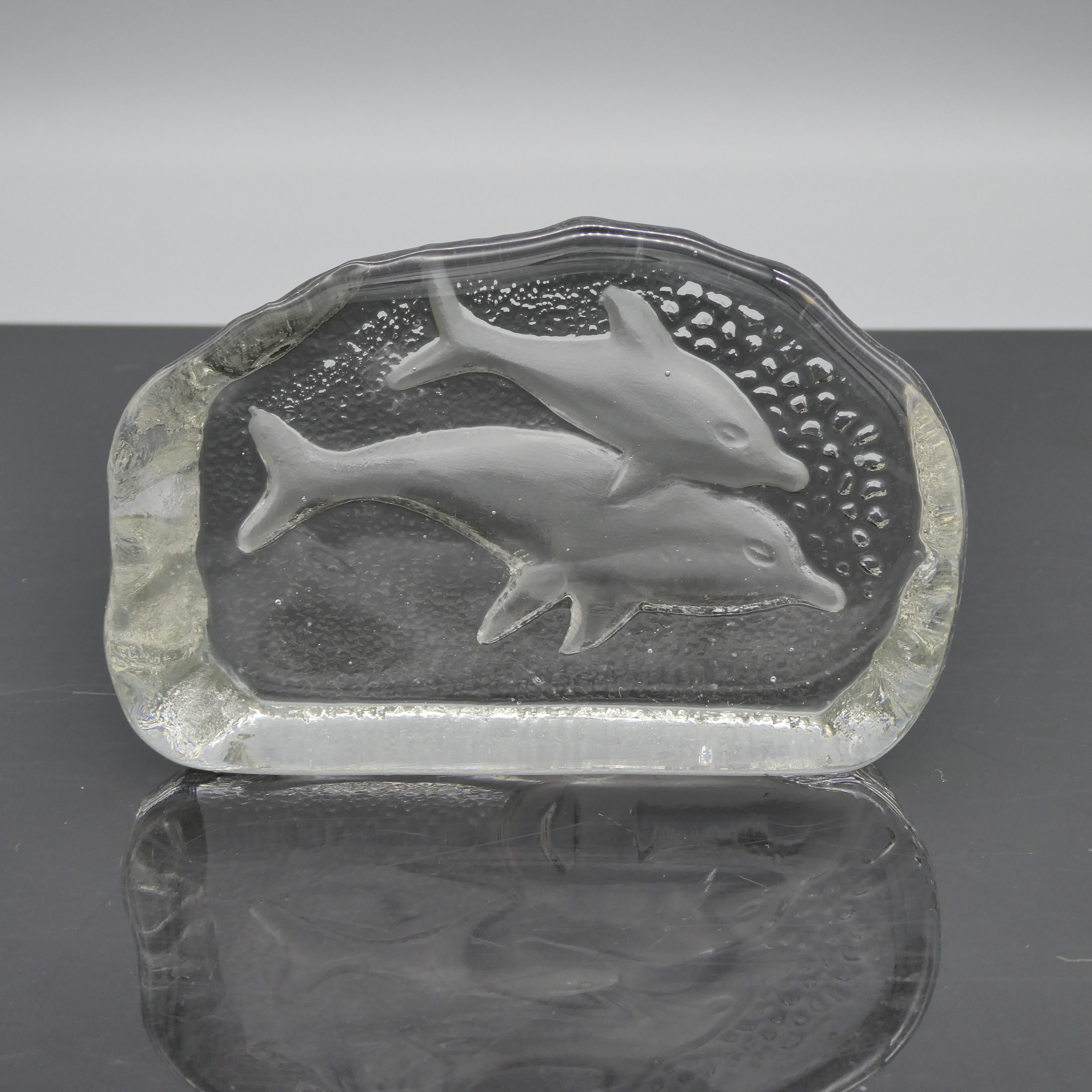 Dolphin with Baby Intaglio Clear Ice Art Glass Paperweight Coastal ...