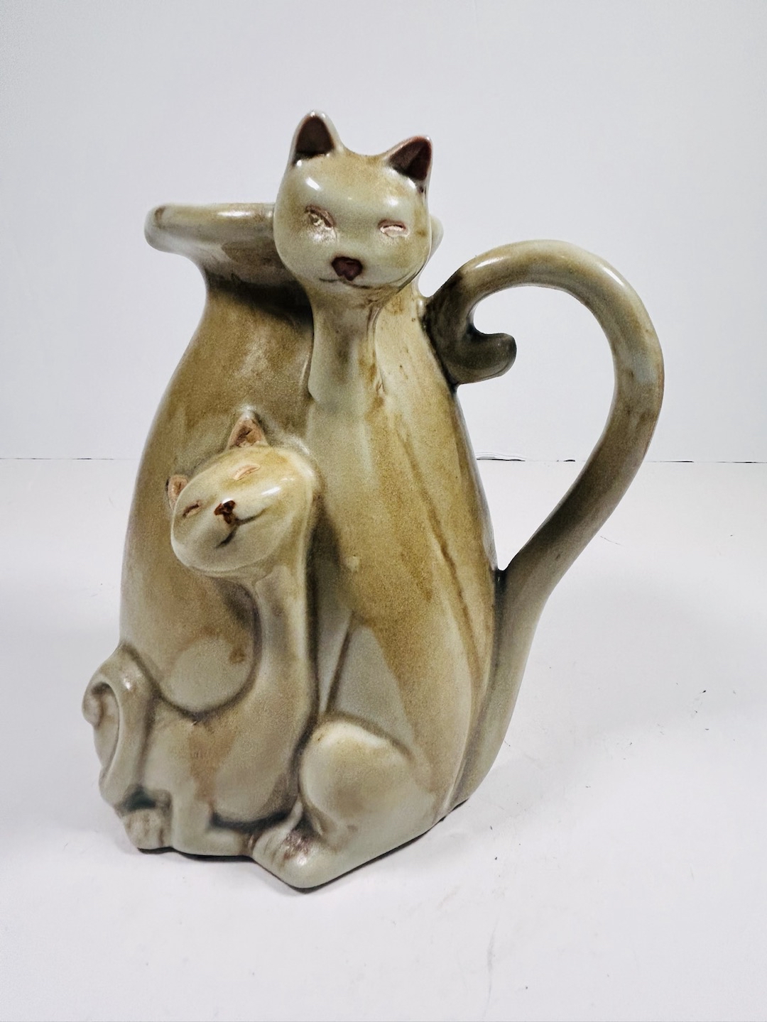 Cute Ceramic Cat Vase Pitcher w/ Handle 2 Kittens Home Decor Decorative ...