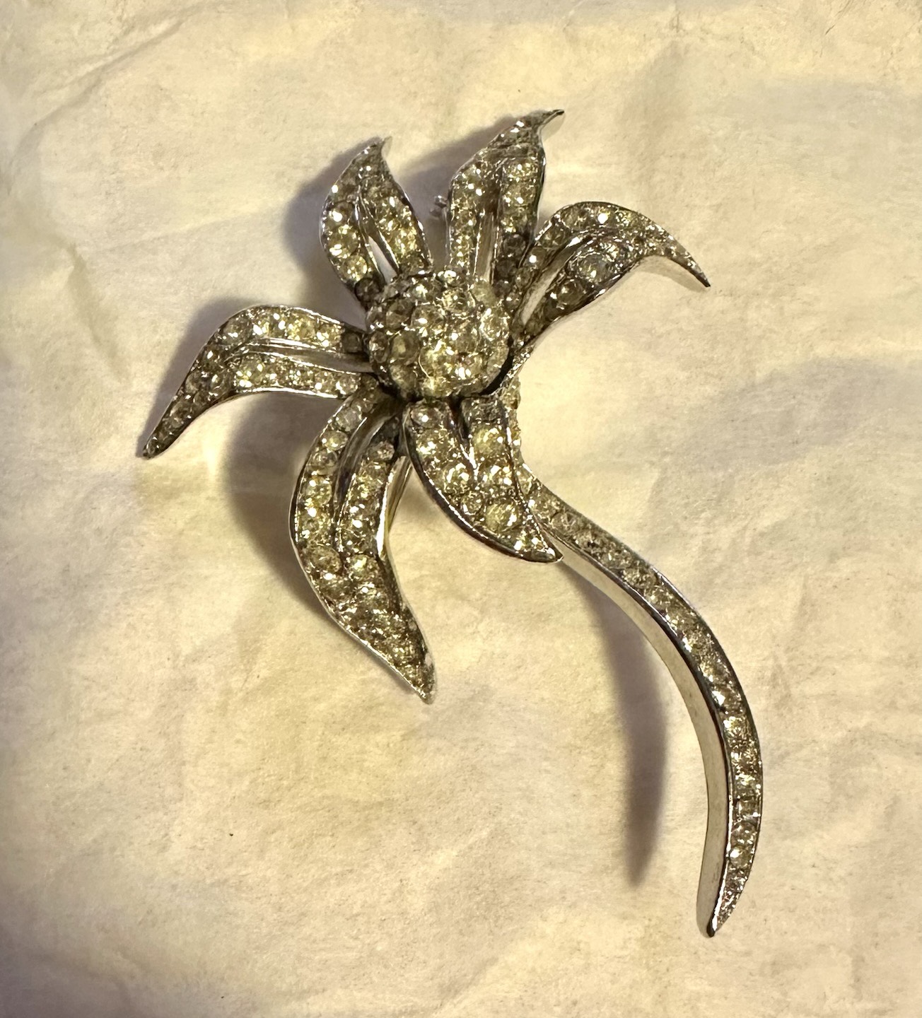 Vintage Trifari Flower Brooch Pave Rhinestone Silver Tone