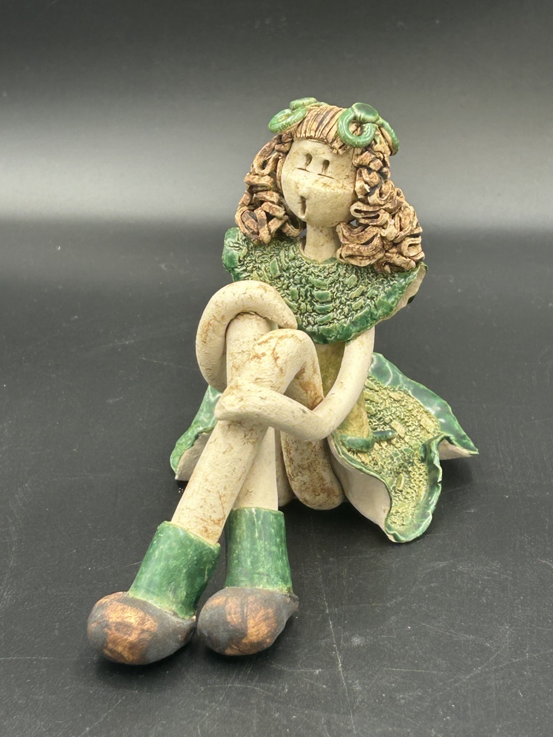 Vintage Artisan Clay Spaghetti Pottery Sitting Girl Figurine