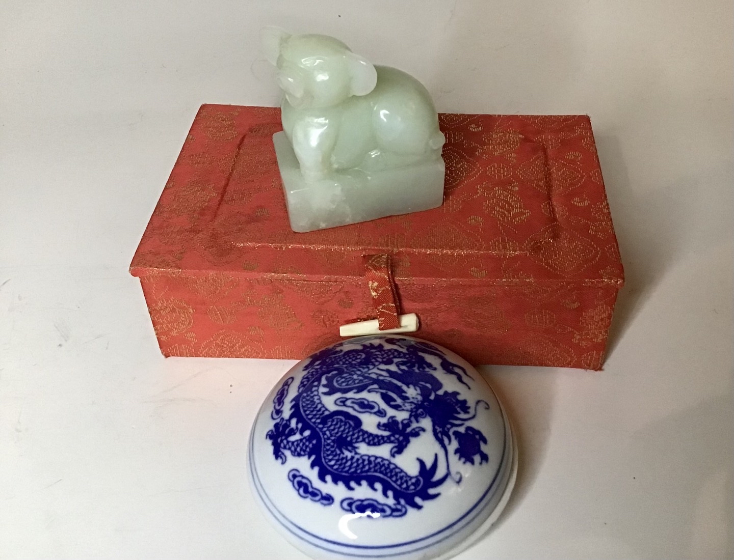 Chinese Jade Chop Carved Stone Pig Seal Stamp Set & Gift Box