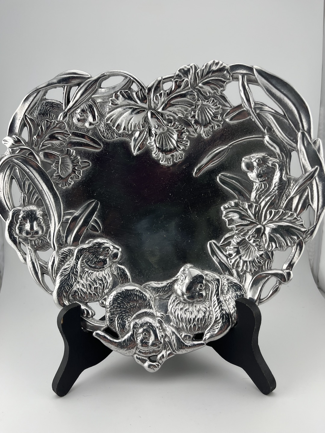 Arthur Court Bunny, and Orchid Heart Shaped Elegant Aluminum Tray