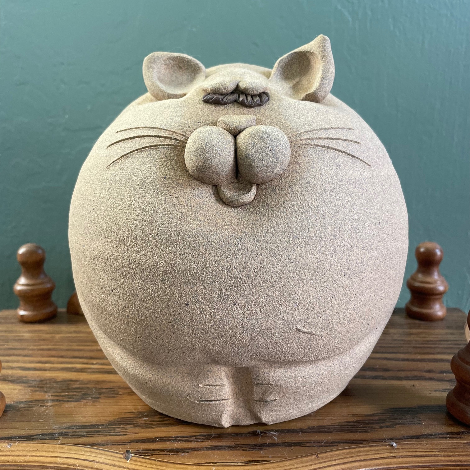 Vintage 1970's Fat Cat Piggy Bank Speckled Stoneware Pottery with Stopper