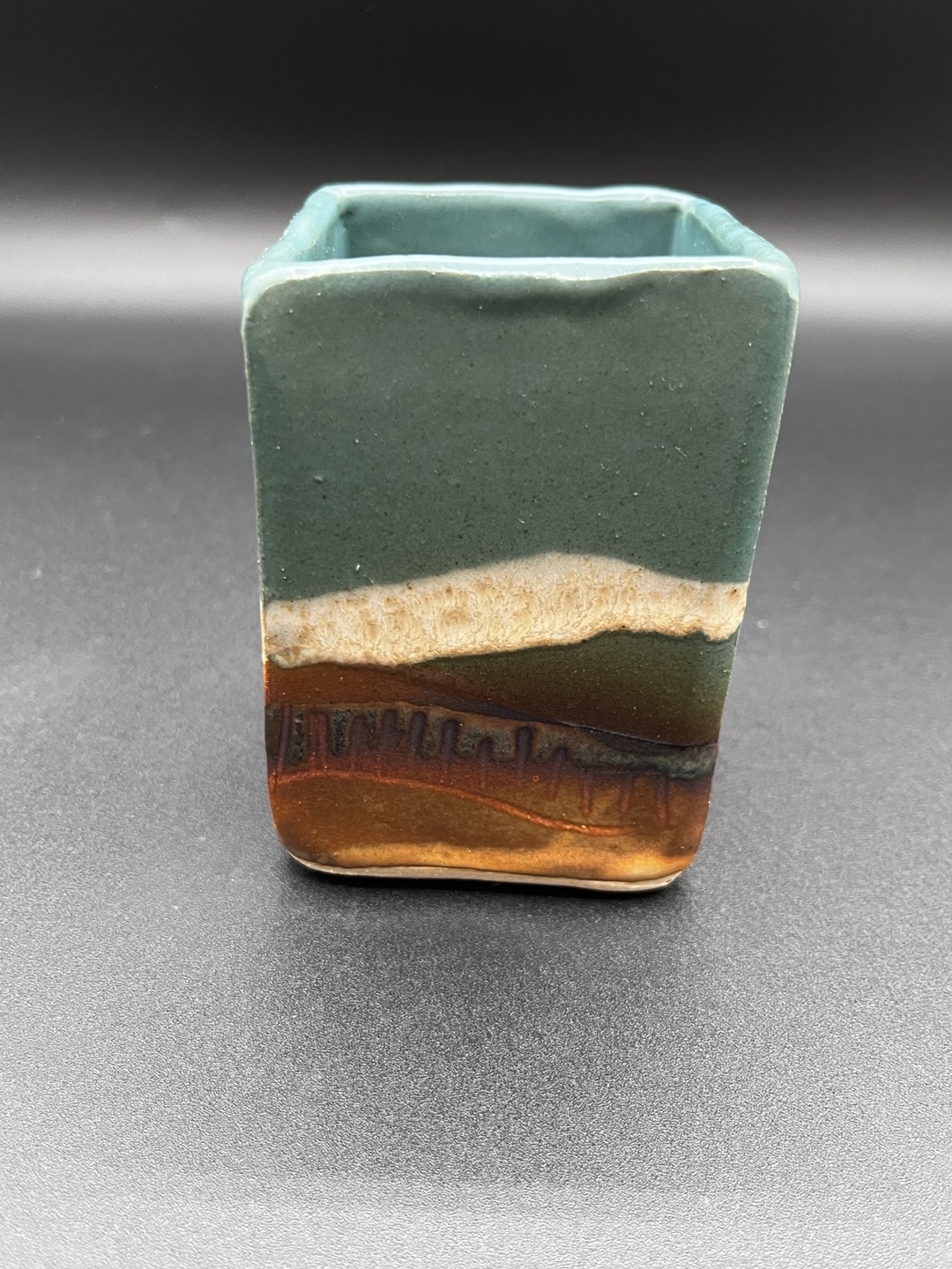 Signed Teal & Earth Tone Square Vase