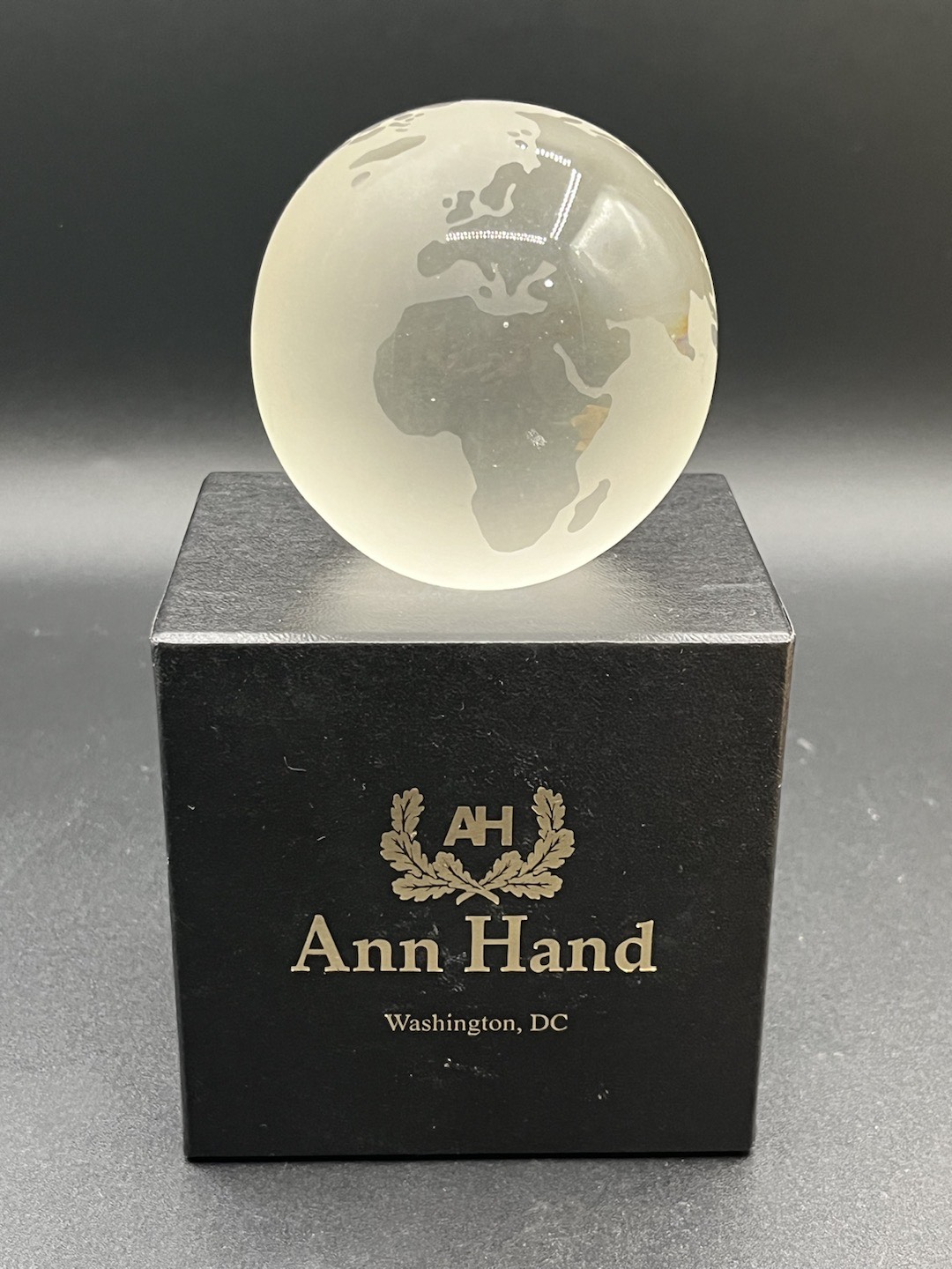 #03 Clear Etched Frosted Ann Hand World Glass Paperweight w/Box