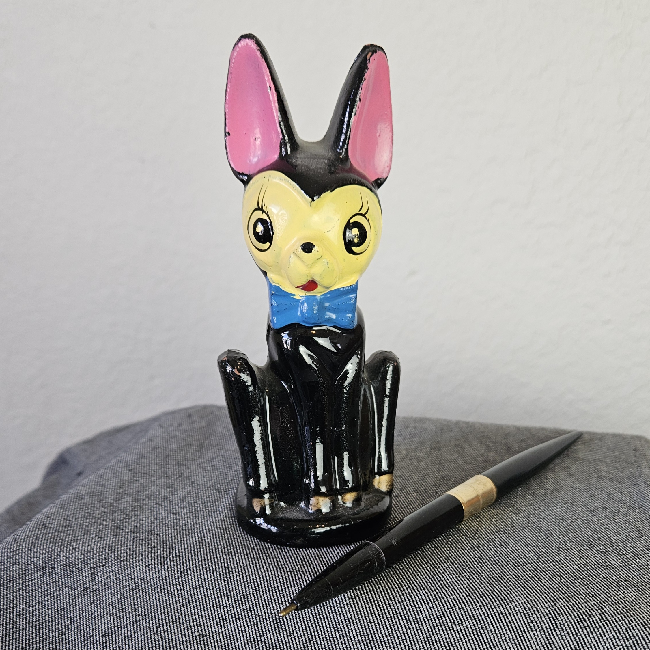 Vintage Ceramic Painted Black Cat Pen Holder
