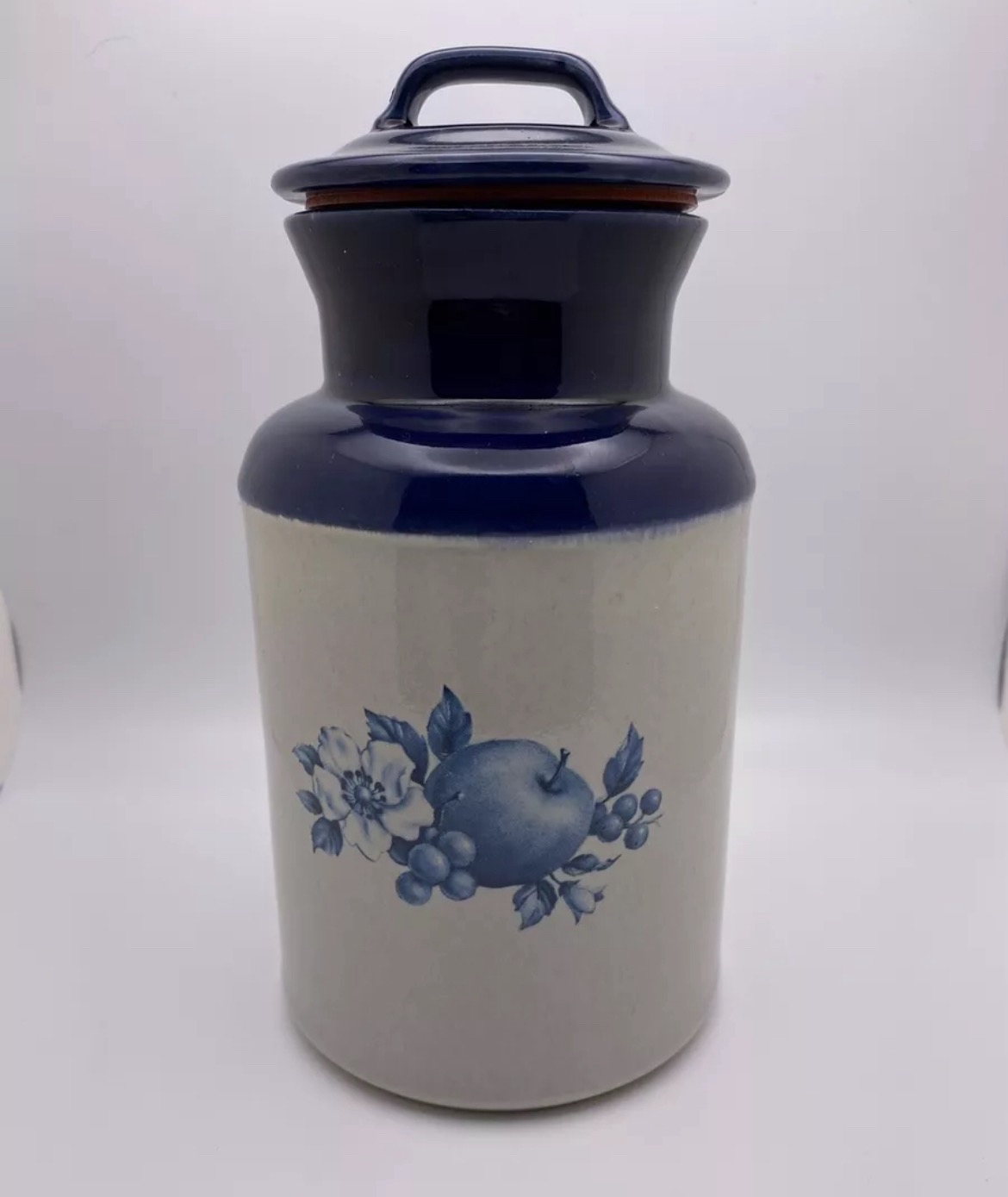Vintage Blue McCoy USA Pottery Canister with Lid Fruit Festival 251 7”