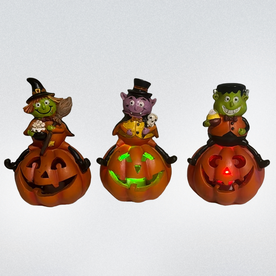 Trio of Halloween Light Up Jack~O~Lanterns with Witch, Frankenstein and ...