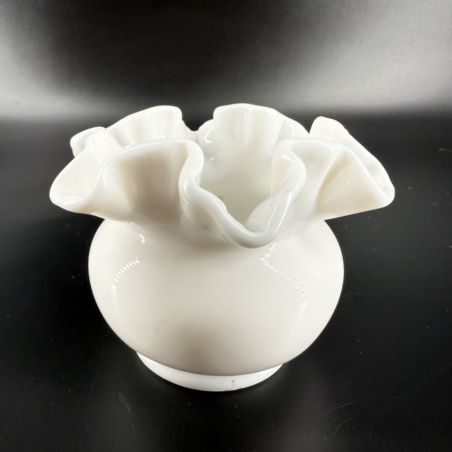 25. Fenton Mini Milk Glass Ruffled Melon Bowl Vase