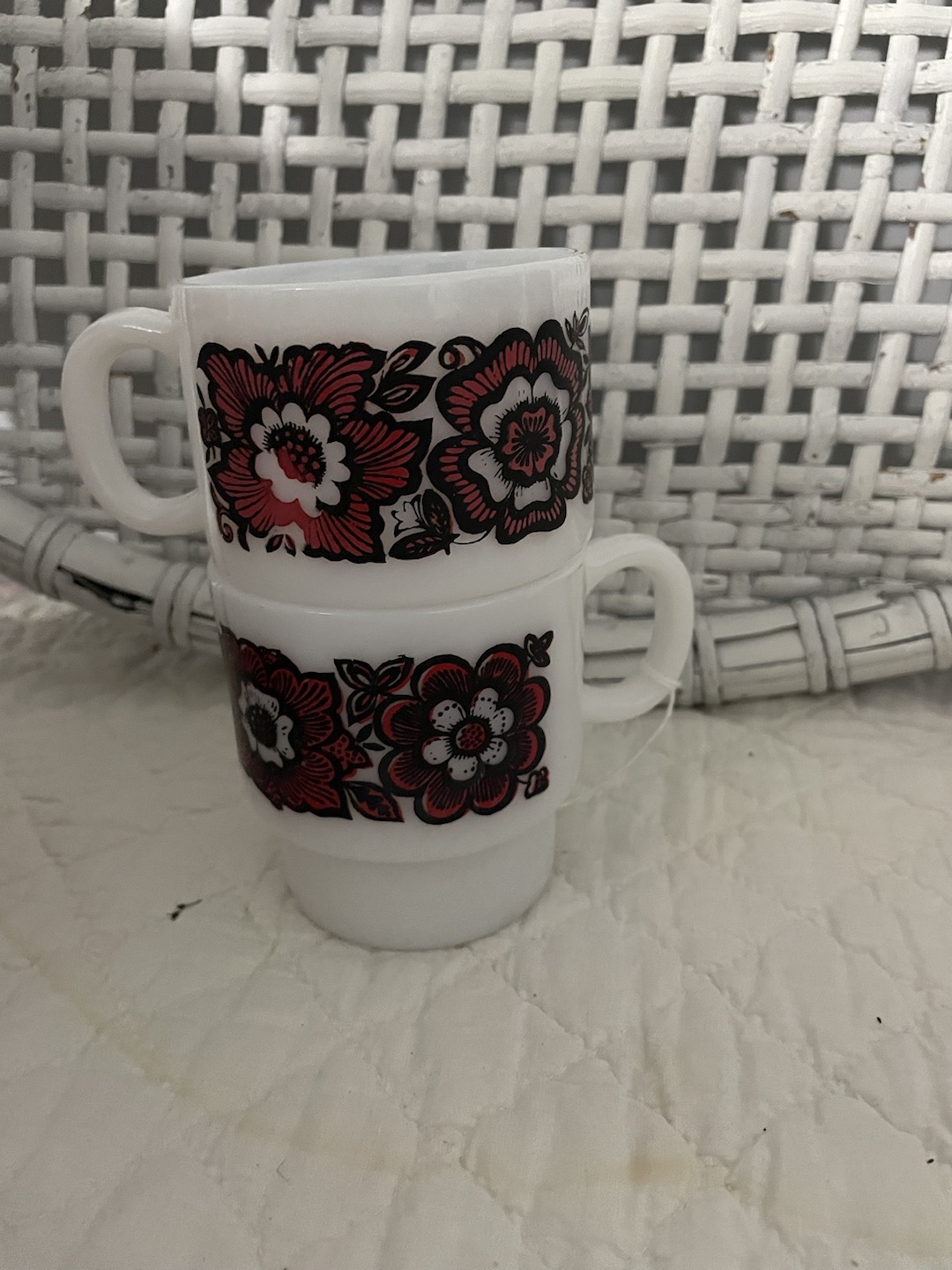 Vintage Red Flower Milk glass Cups