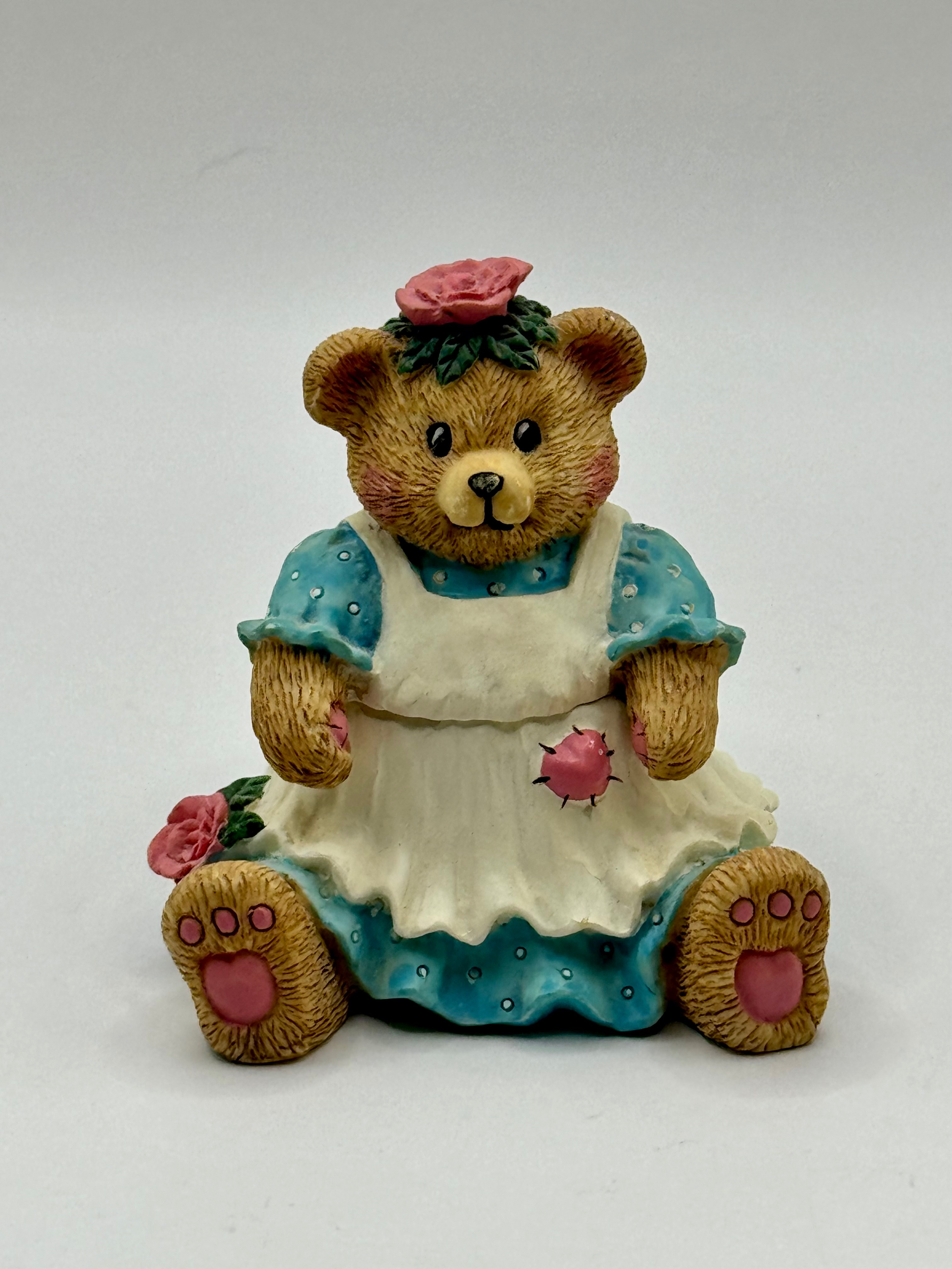 Vintage Resin Teddy Bear Figurine Trinket Box, Pastel Dress With Floral ...