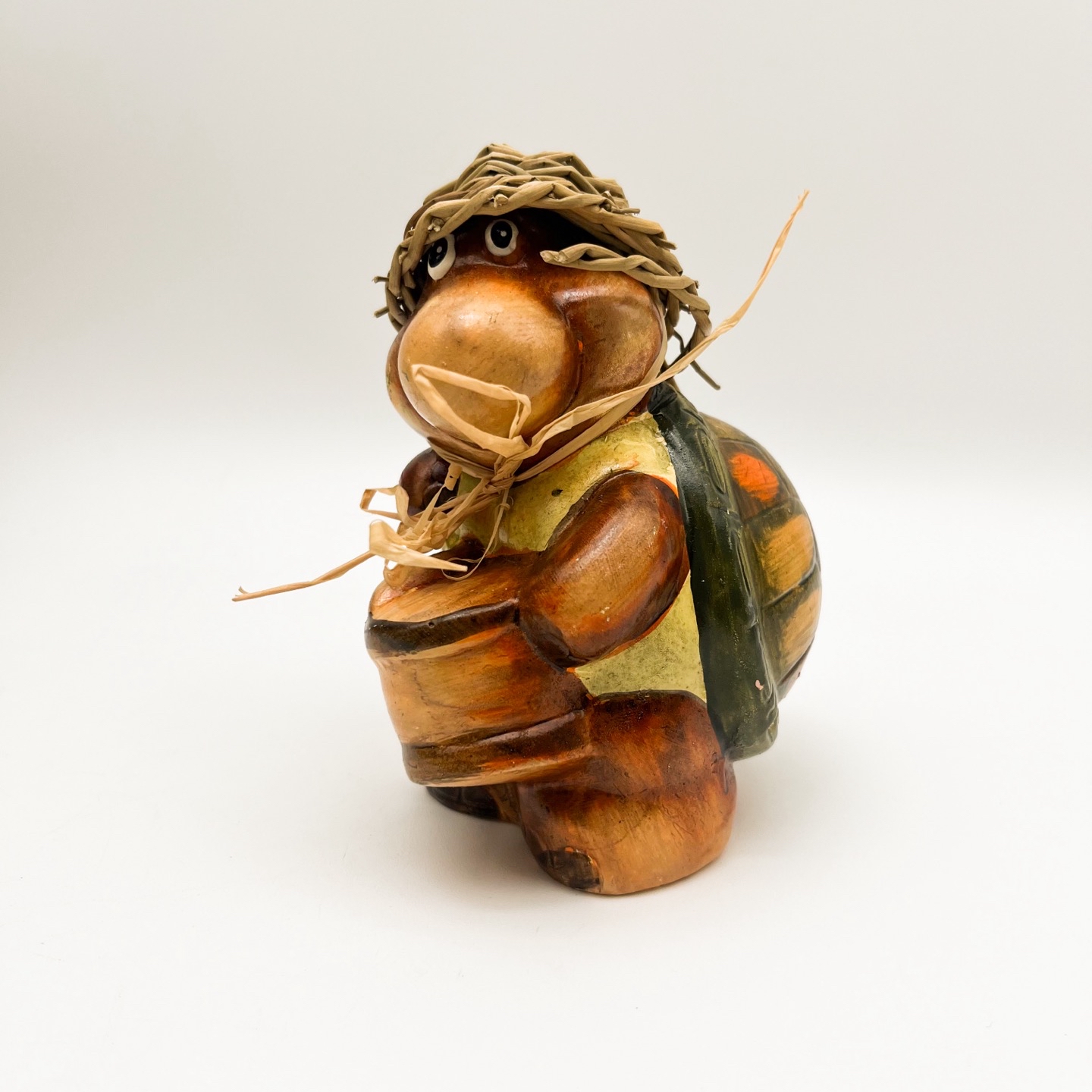 Derpy Ceramic Turtle Figurine Multicolor Handpainted Straw Hat Vintage