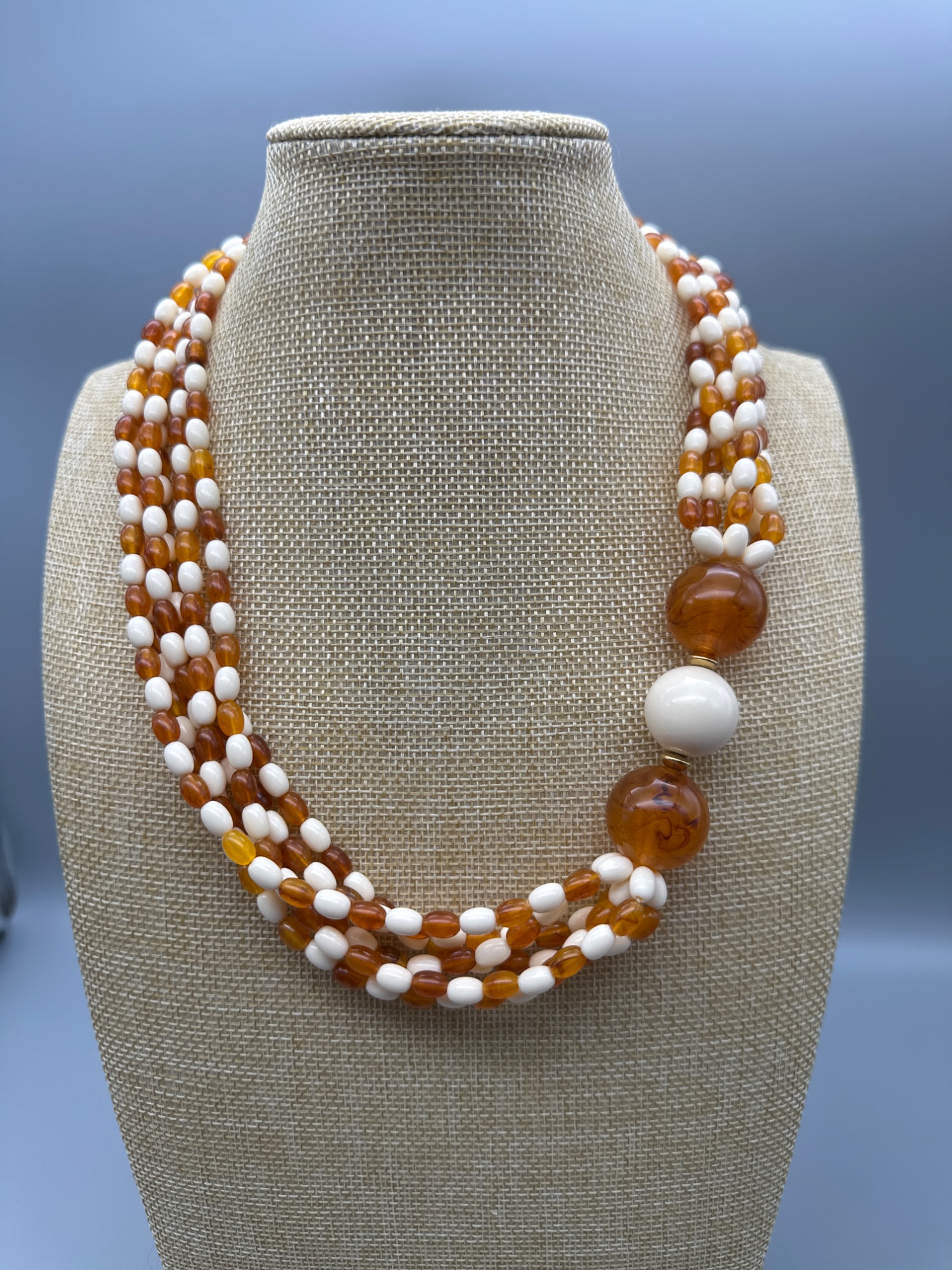 Vintage Amber & White Color Beaded Necklace W/Large Round Beads Gold ...