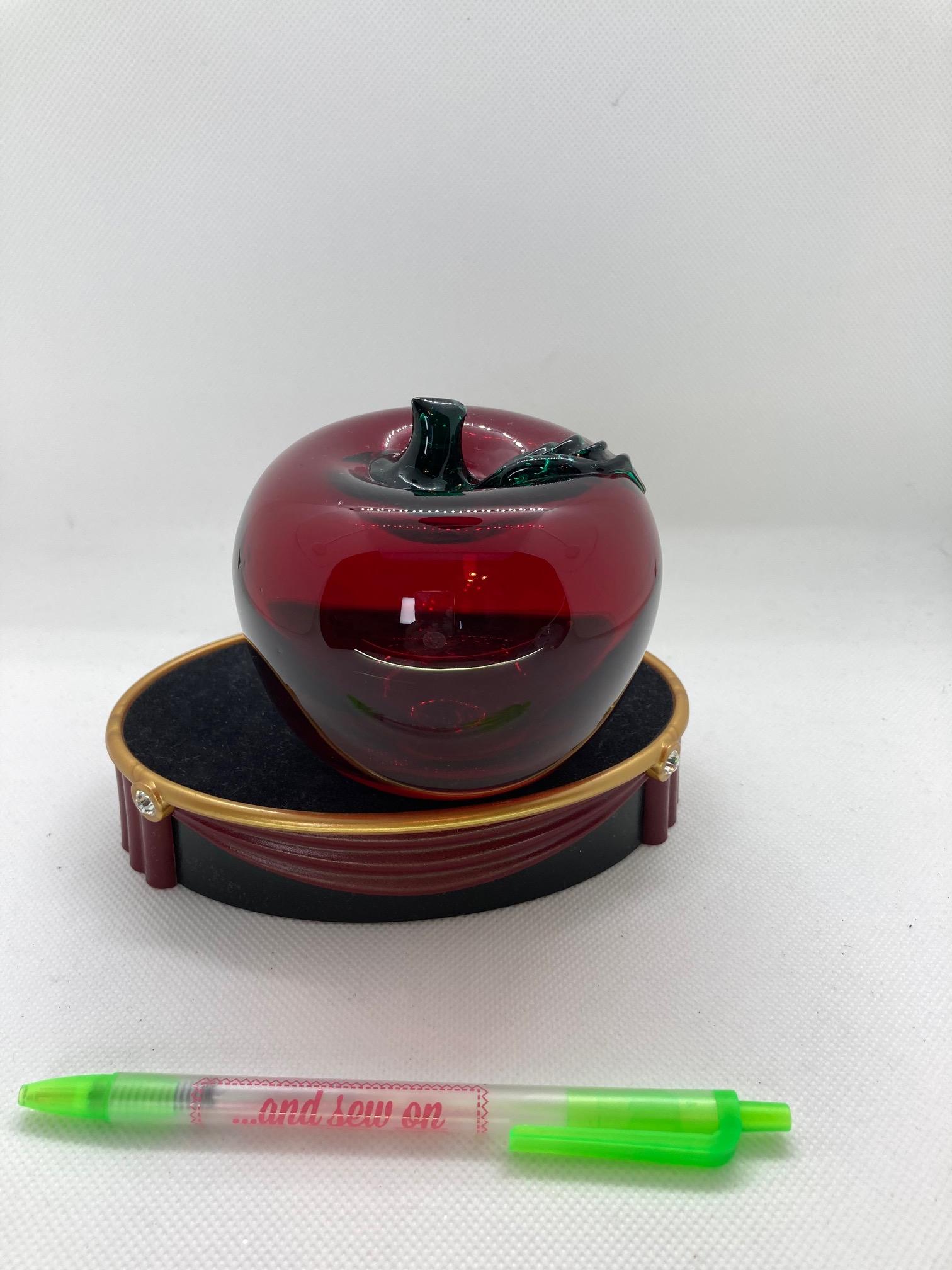 Red Glass Apple Paperweight with Dark Green Glass Leaf Hand Blown