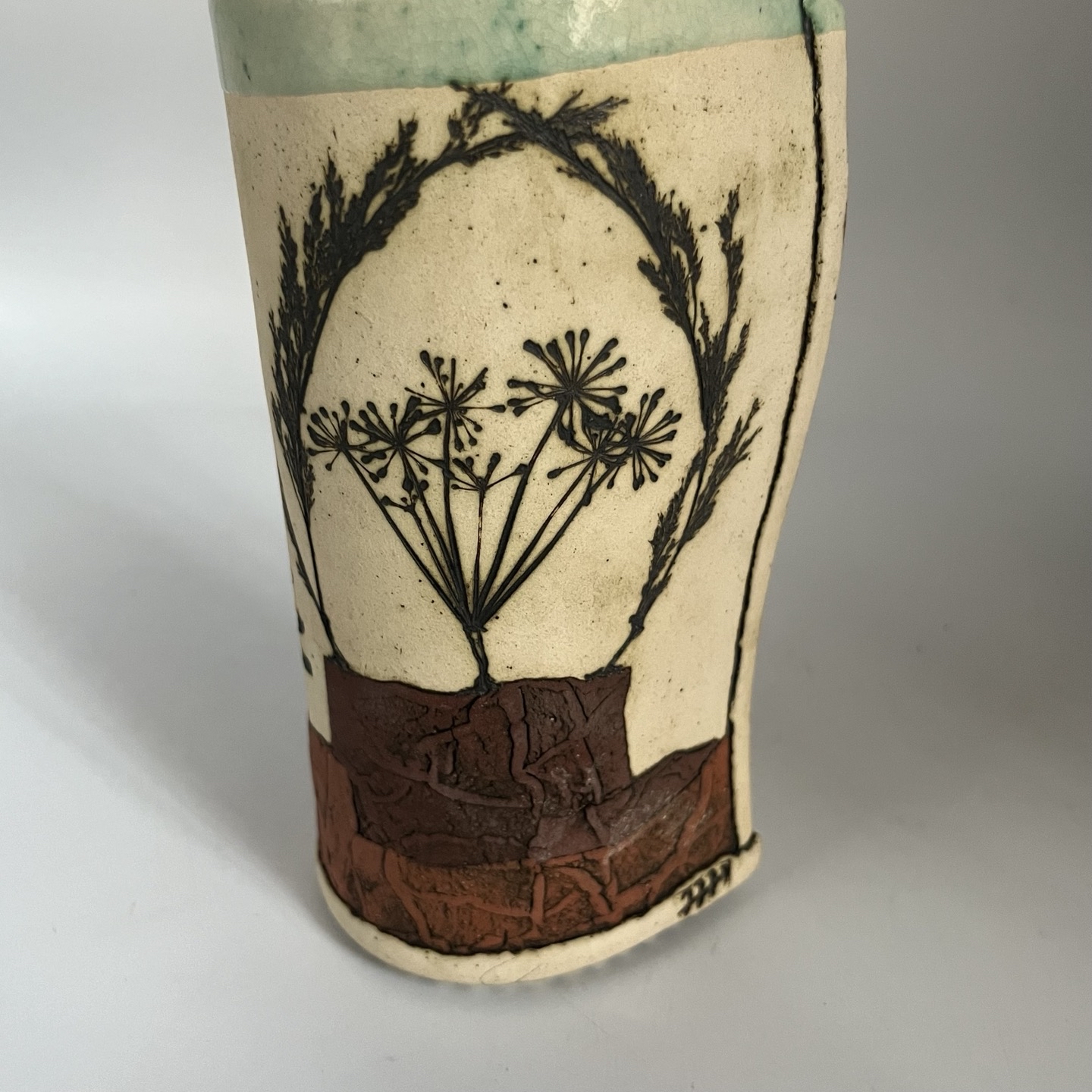 Studio Art Pottery Pressed Floral Embossed Hand Made Clay Vase Artist ...