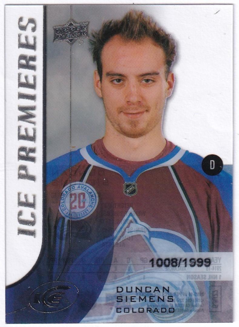 2015-16 Upper Deck Ice #106 Duncan Siemens RC Colorado Avalanche Hockey ...