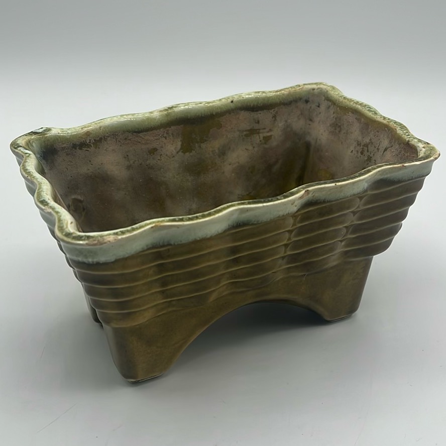 Cookson Pottery USA #1836 6” Planter Olive Green Baby Blue Glaze USED