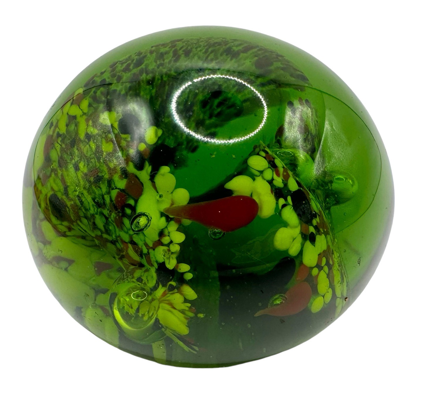 06 Art Glass Green Murky Water Paperweight 2.5”