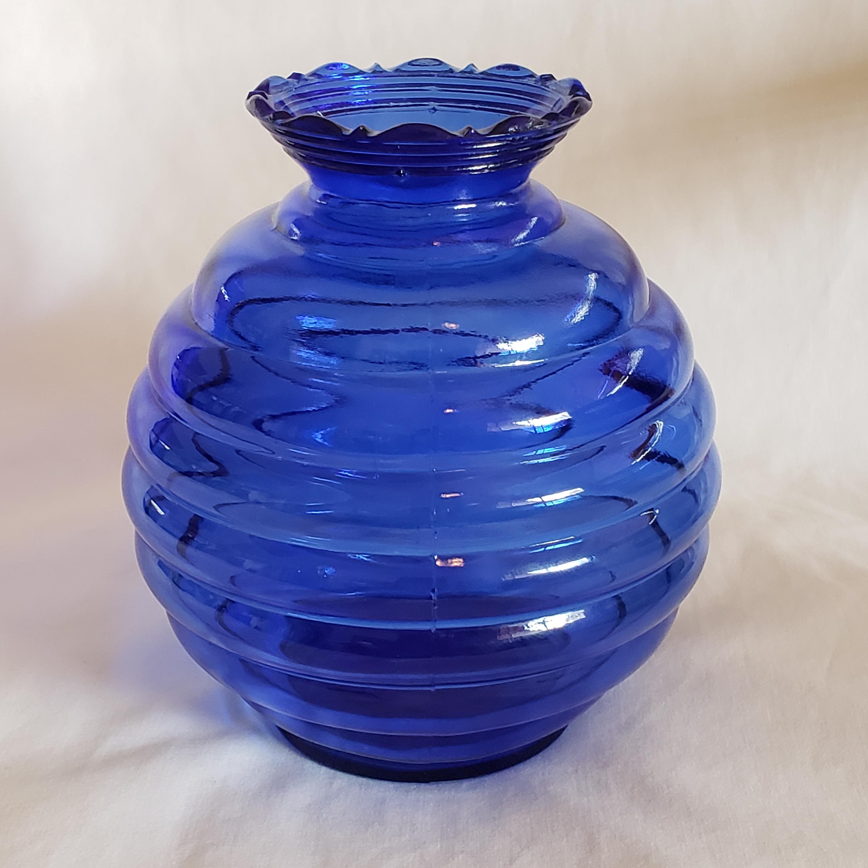 Indiana Cobalt Blue Art Glass Ringed Beehive Ivy Ball Vase Rose Bowl ...