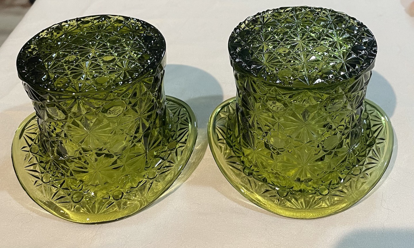 Twins! Fenton Green Glass Top Hats Large - Daisies & Button Pattern Vases