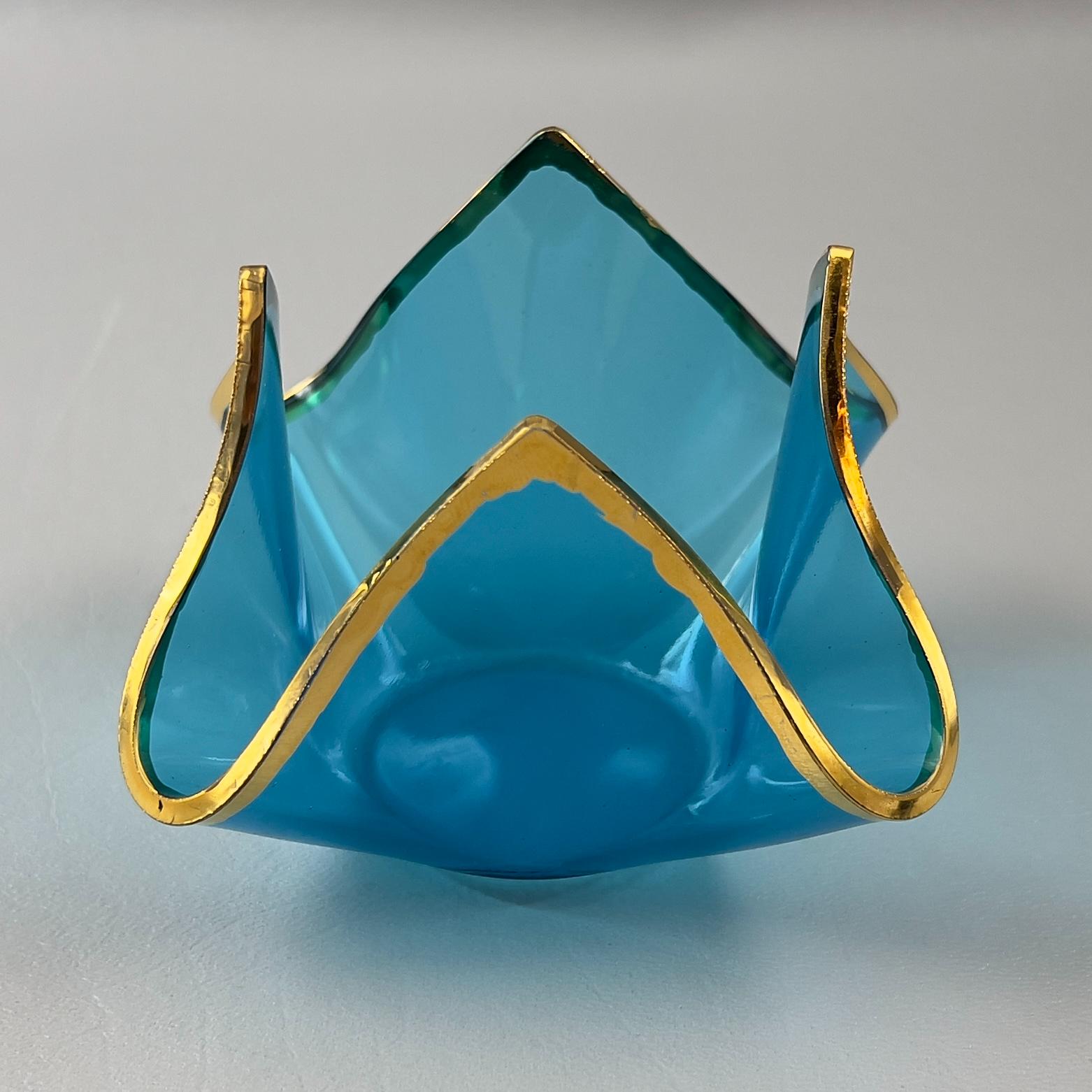 026 Art Glass Turquoise Blue Gold Votive Holder Handkerchief Fold ...