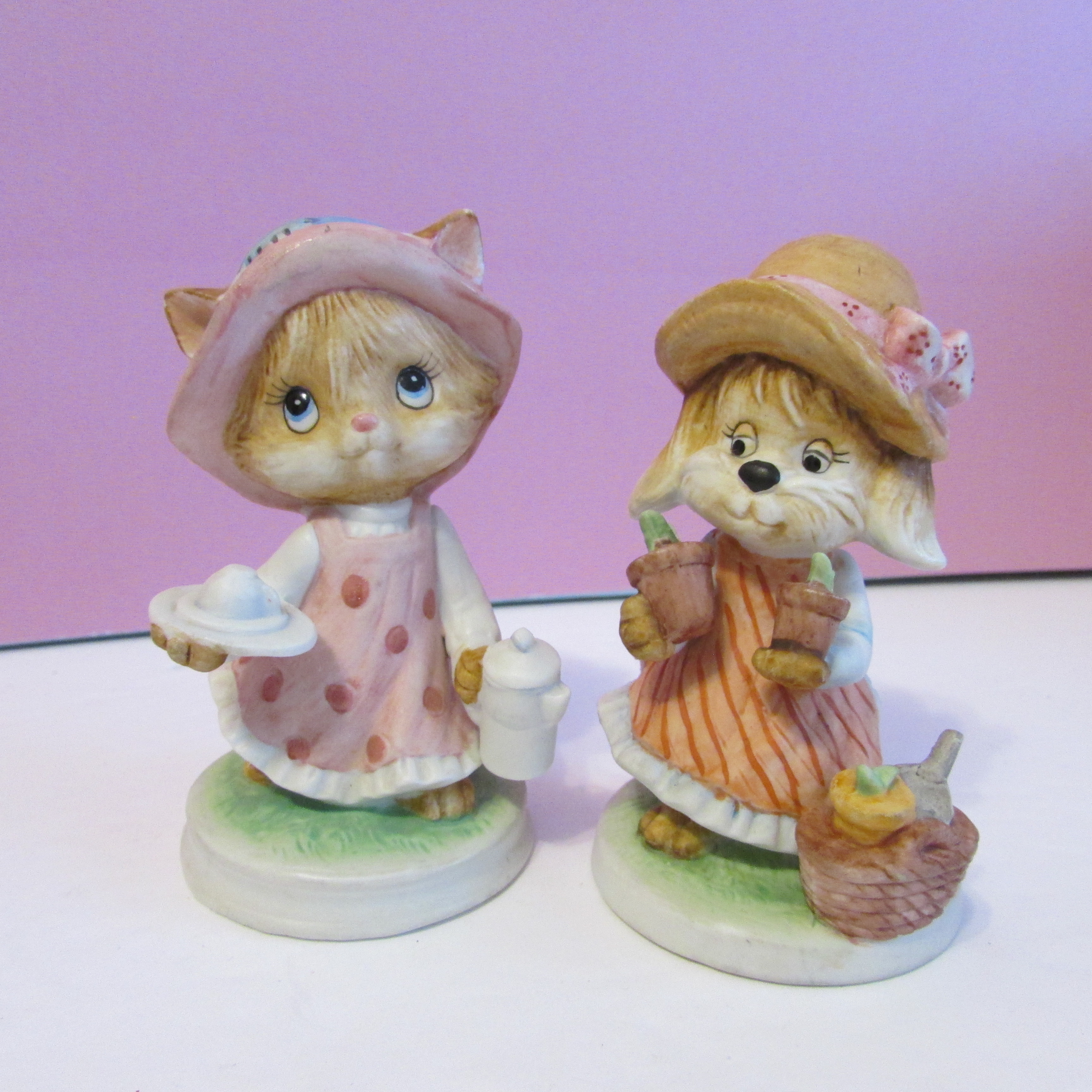 set of 2 vintage Lefton figures Cat and Dog gardening tea time