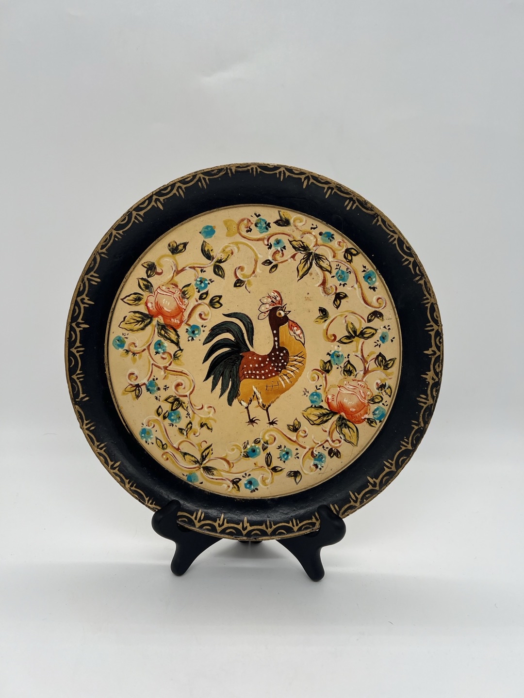 Vintage Rooster Roses ISCO Japan Composite Paper Mache 9” Plate