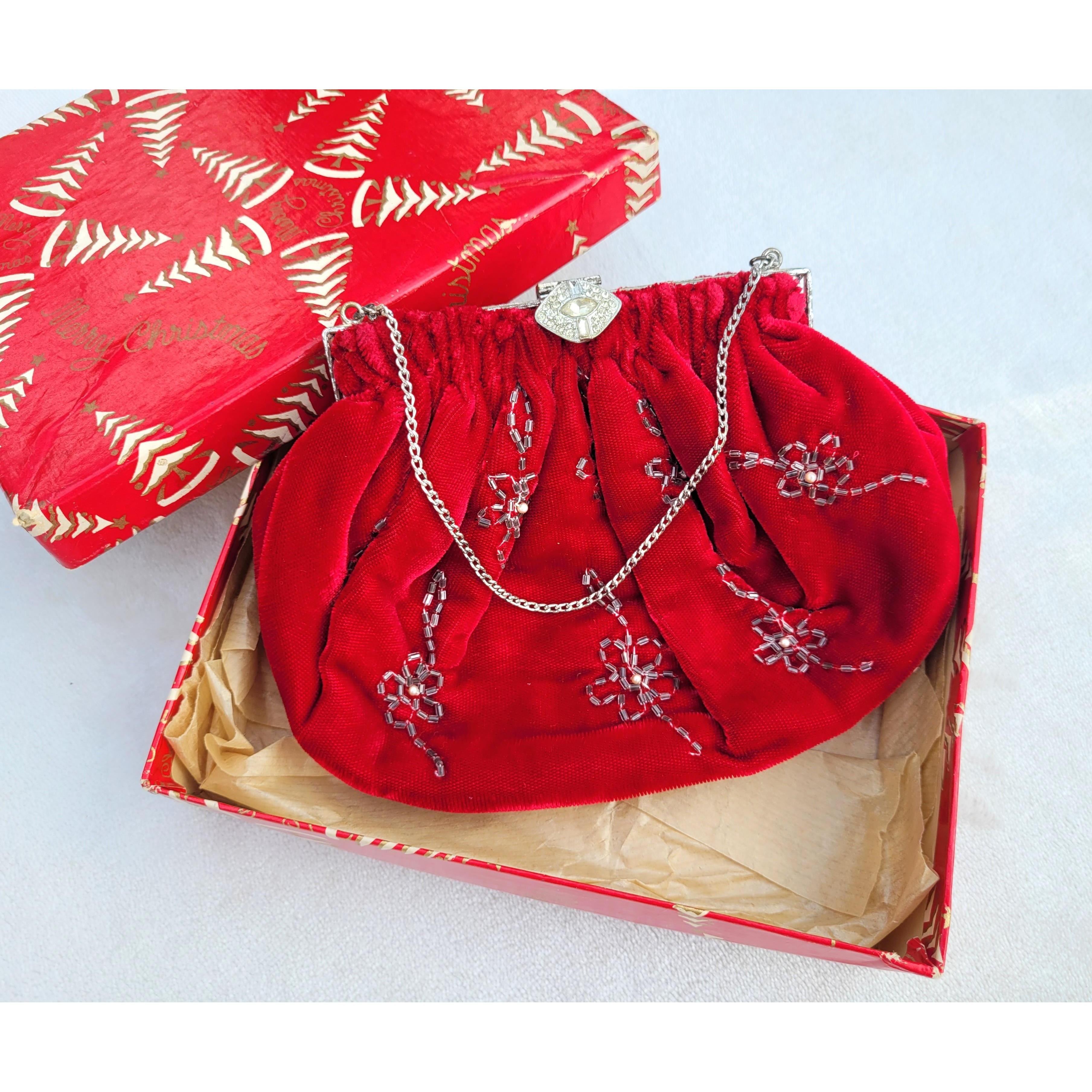 Vintage 40s Red Velvet Beaded Clutch Purse Handbag w/ Orig R. H. Macy ...