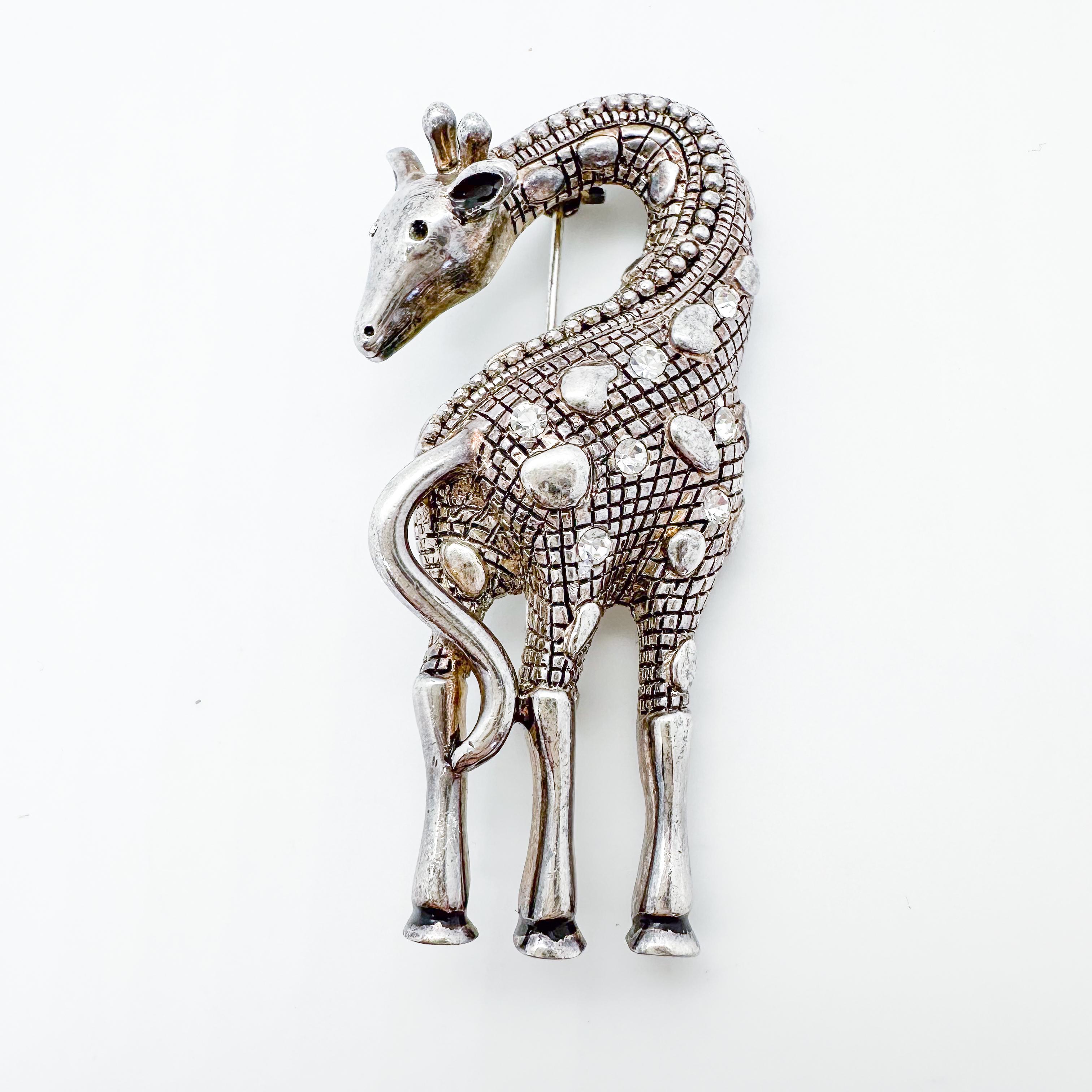 Giraffe Brooch Pin Premier Designs Silver Tone Clear Crystal Accents Signed