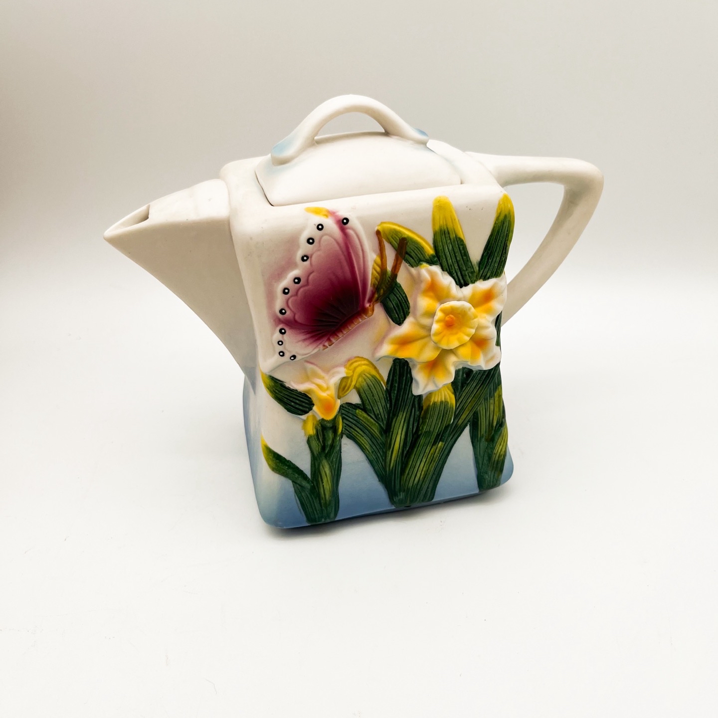 Vintage Matte Bisque Ceramic Butterfly Garden Teapot Square Handled ...