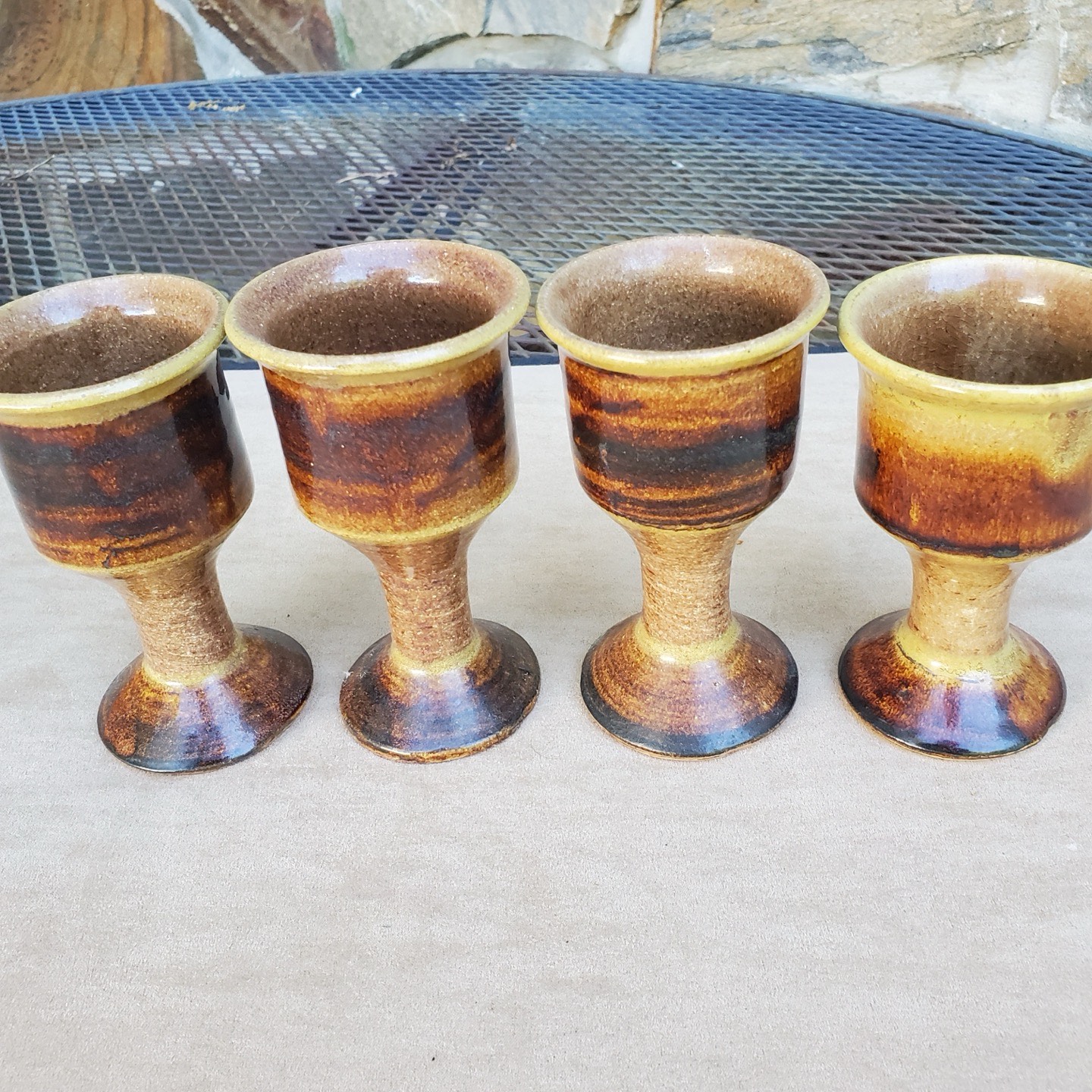 VTG Artist Studio Pottery Goblets Cups Brown Ezrth Tones 5" Set Of 4 1960's