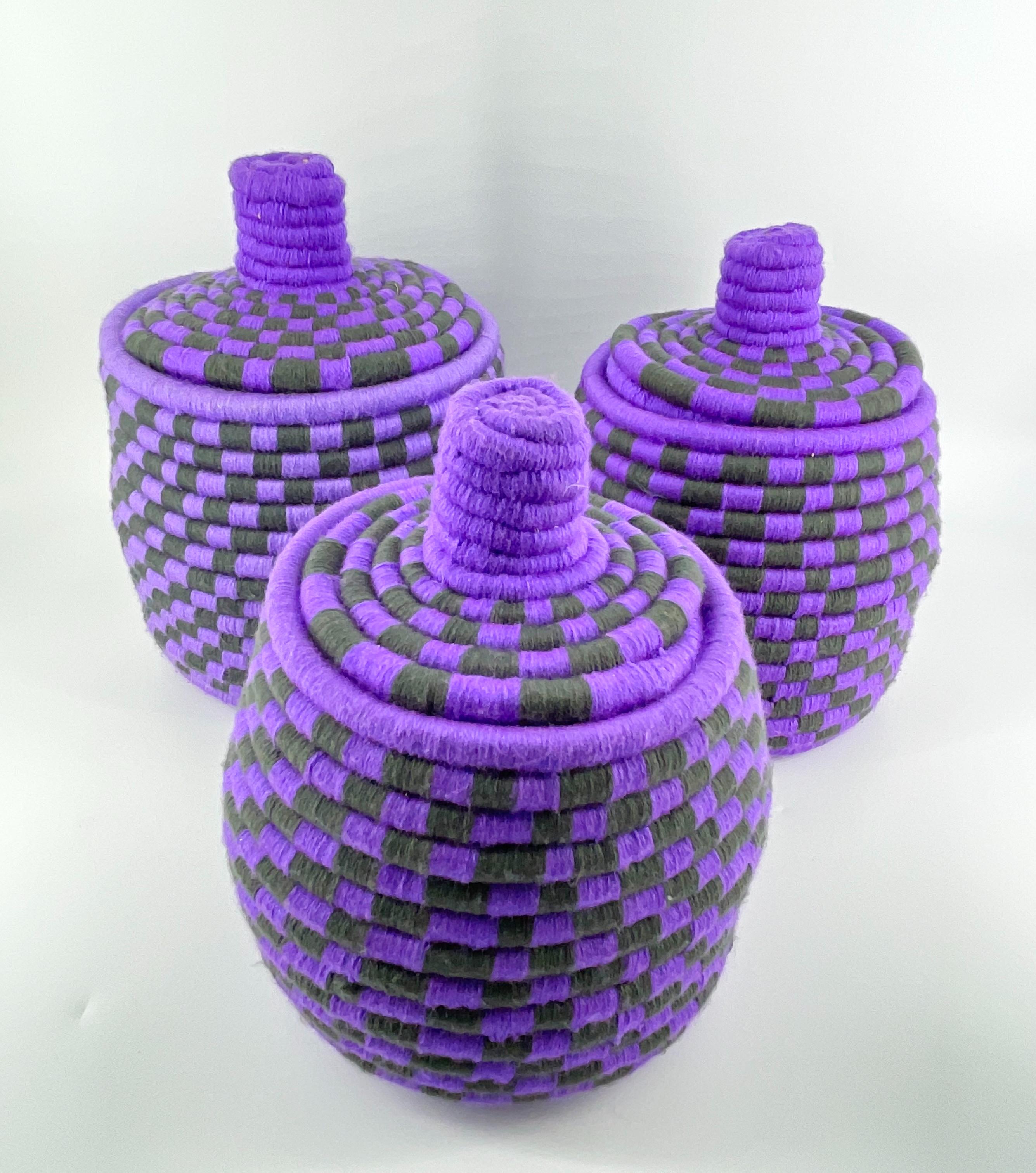 Rare Trio Handcrafted Moroccan Purple Black Boemia Woven Baskets ...