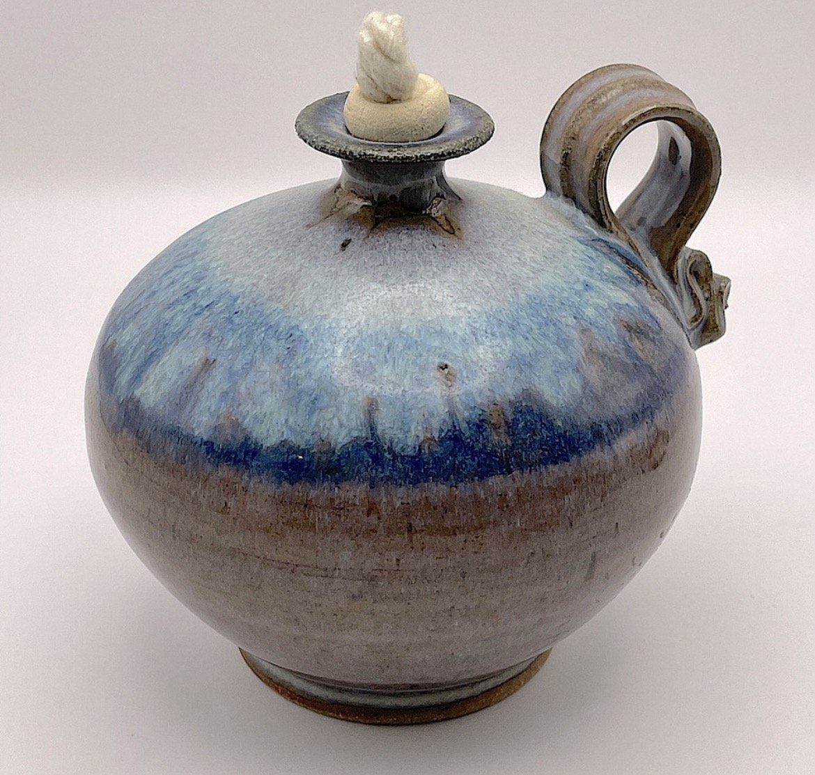 Handmade, pottery oil lamp, unused wick, blue/brown glaze with ...