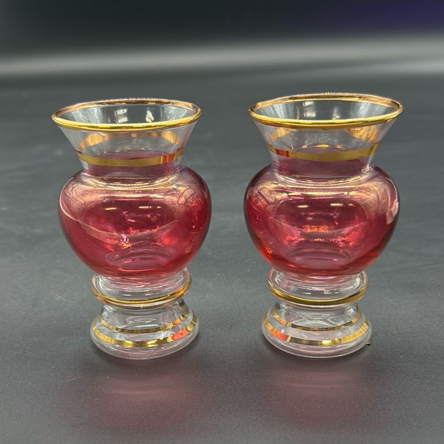 Vintage Cranberry Gold Trim Flower Bud Base Set