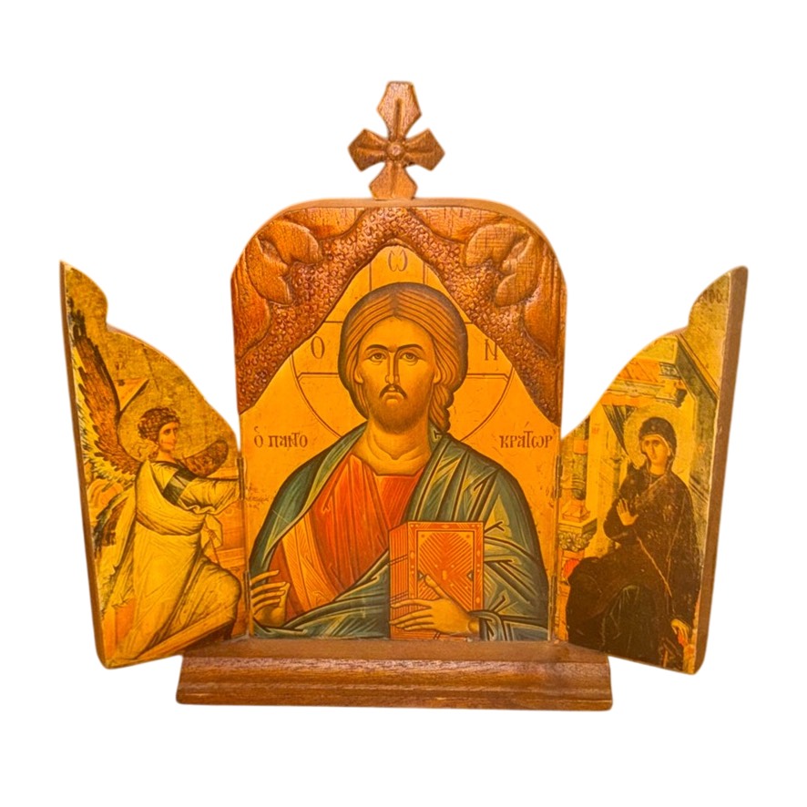 Carved Wooden Triptych of Christ and Saints, 8” tall
