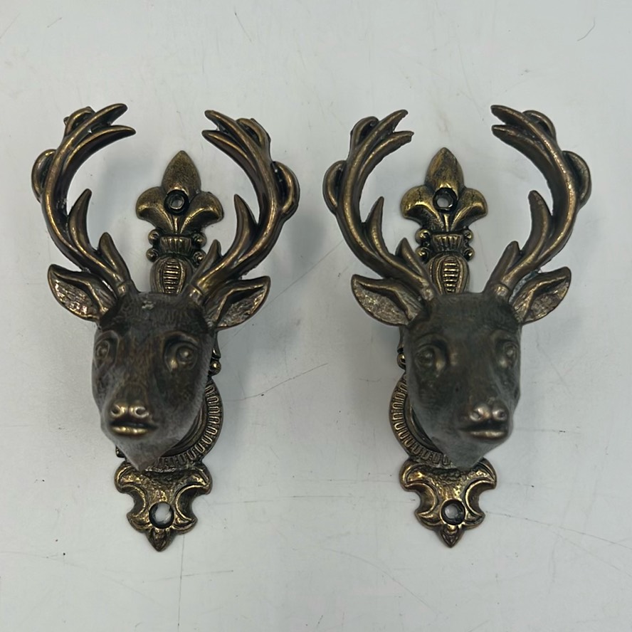 06 Pair Of Brass Tone Stag Wall Hooks 3.75”