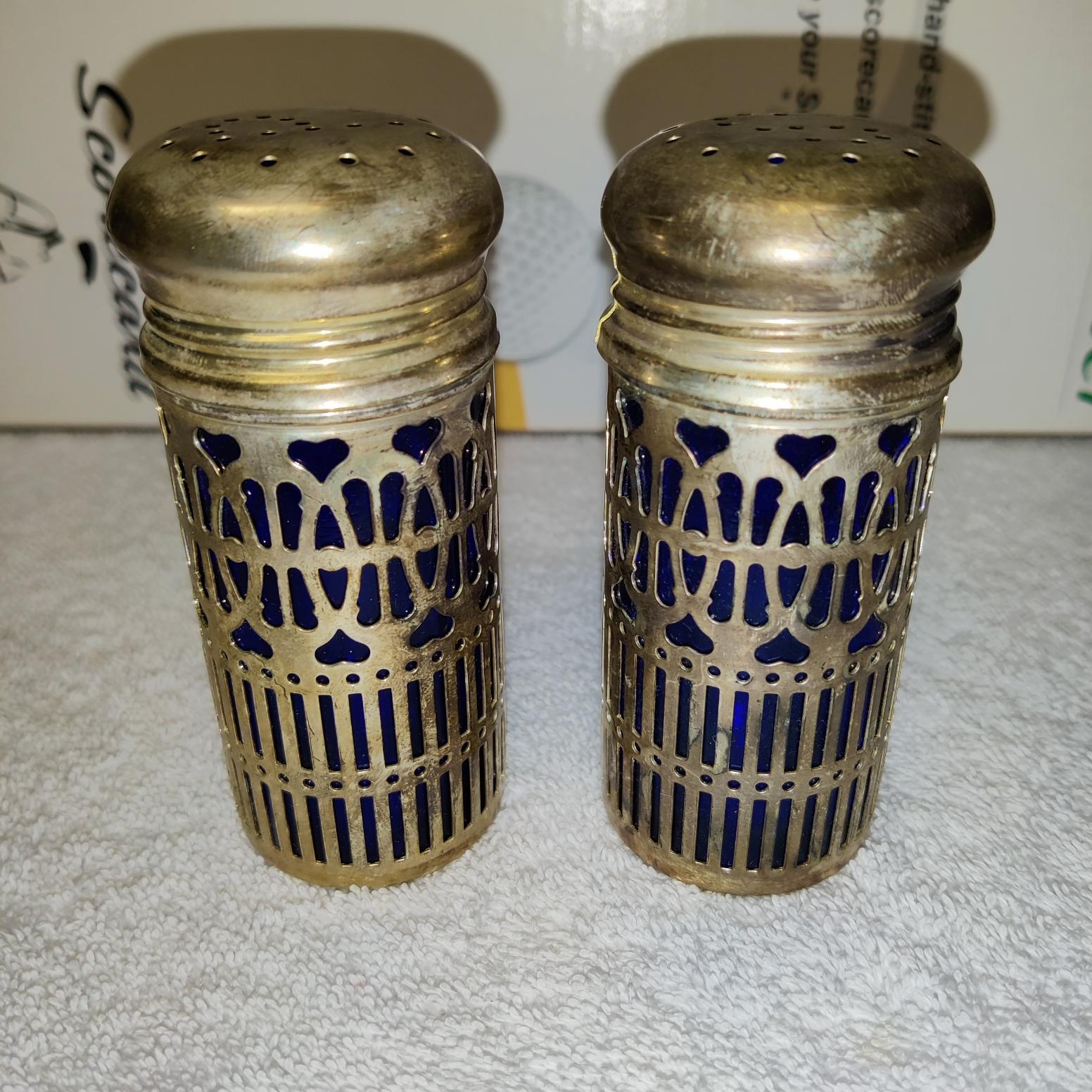 Vintage Godinger Cobalt Blue Glass And Silver Plated Salt & Pepper Shakers