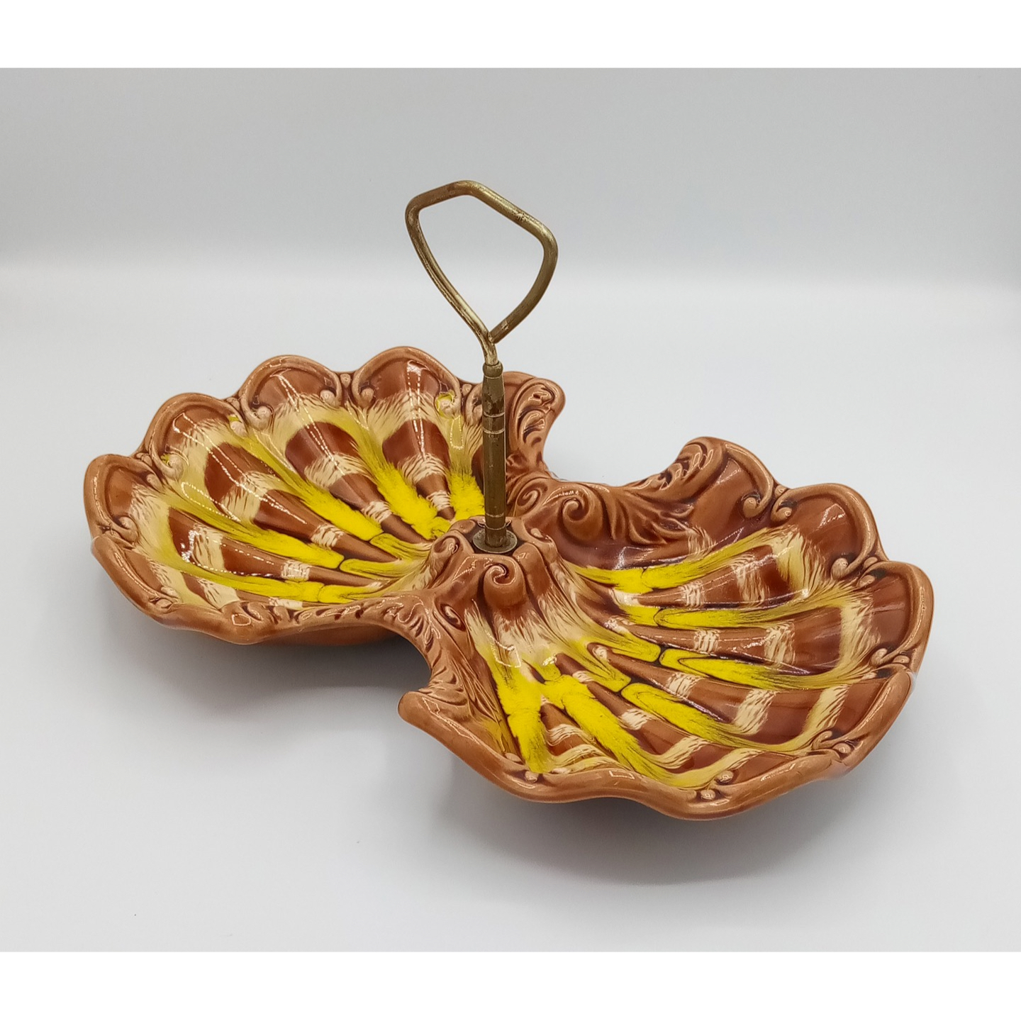 Vintage BCM Belgo Ceramic Clam Shell Tidbit Tray MCM Lava Drip Glaze
