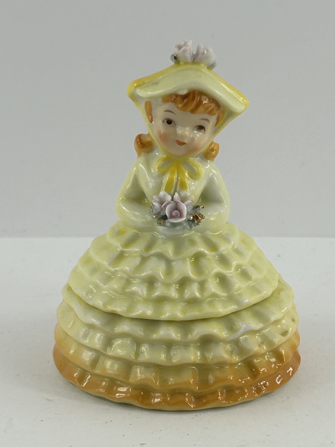 Vintage Porcelain Yellow Frilly Dress Lady Trinket Box