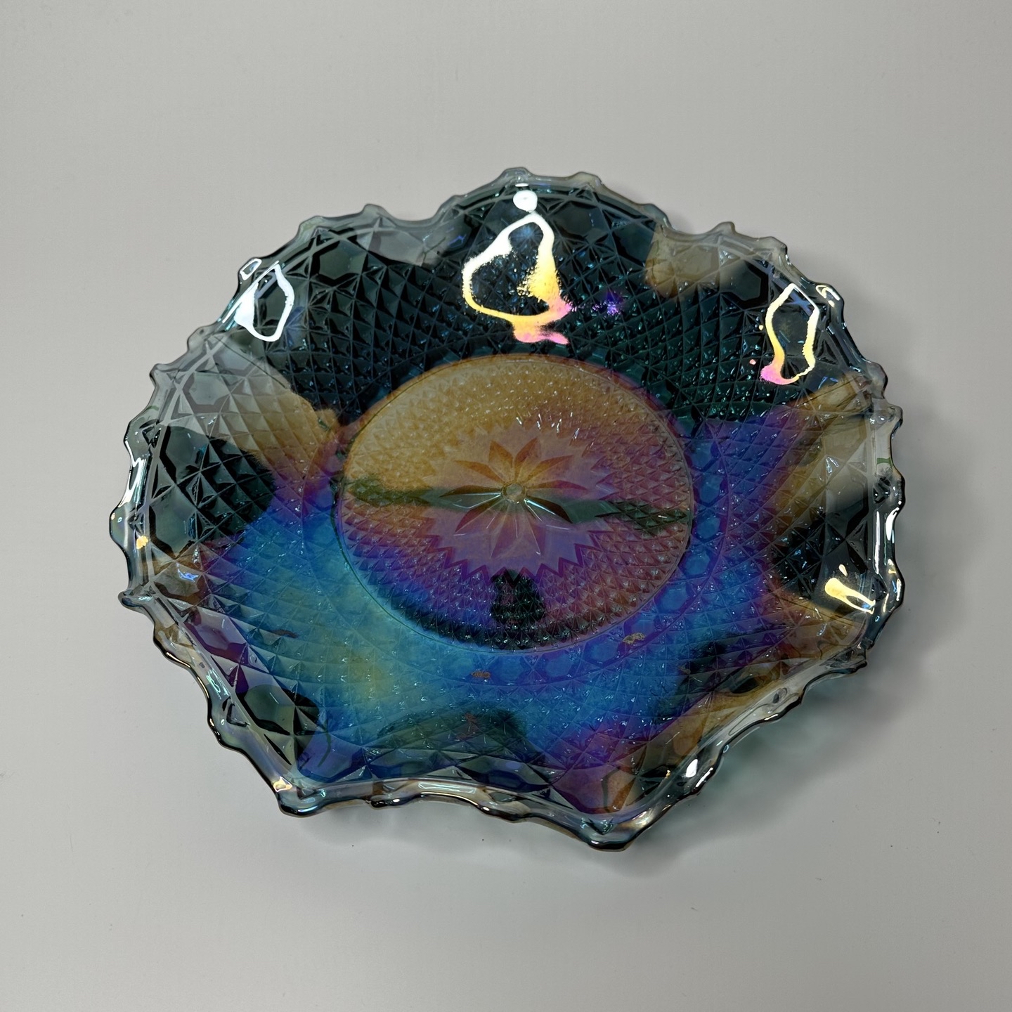 Vintage Indiana Carnival Glass Plate Ruffled Rim Iridescent Blue Daisy ...