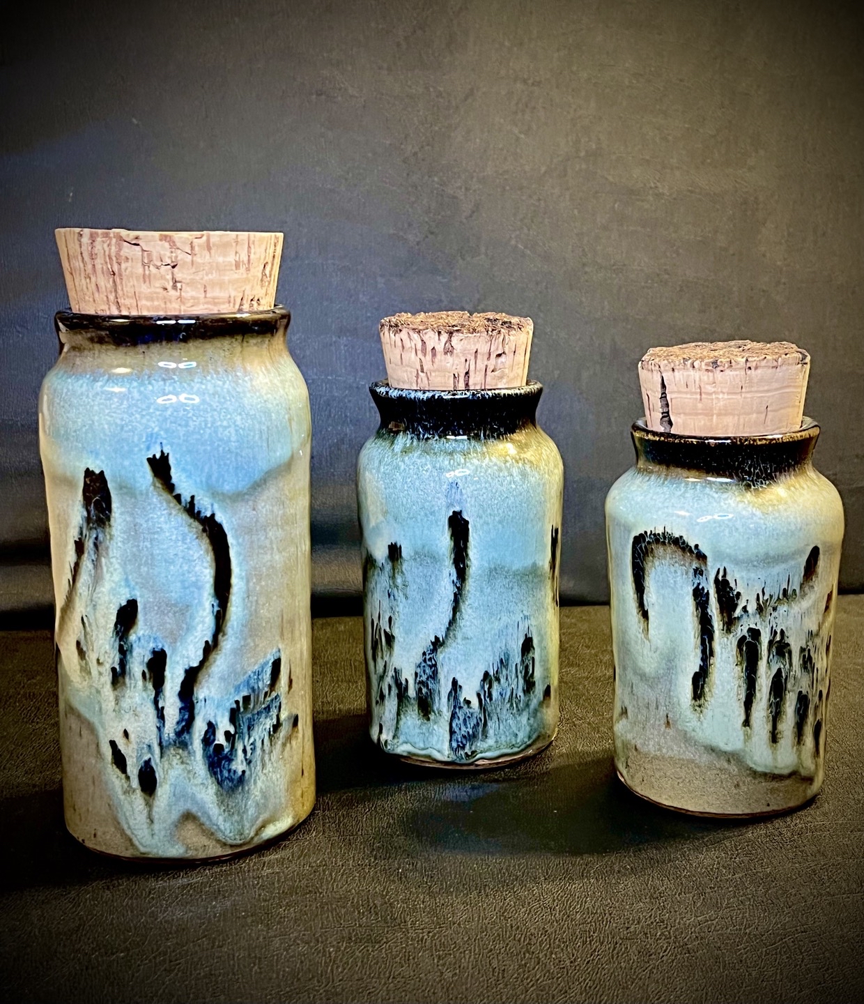 🍯🩵Vintage Drip Glazed Studio Art Pottery Jars with Cork Toppers, Set of 3🩵🍯