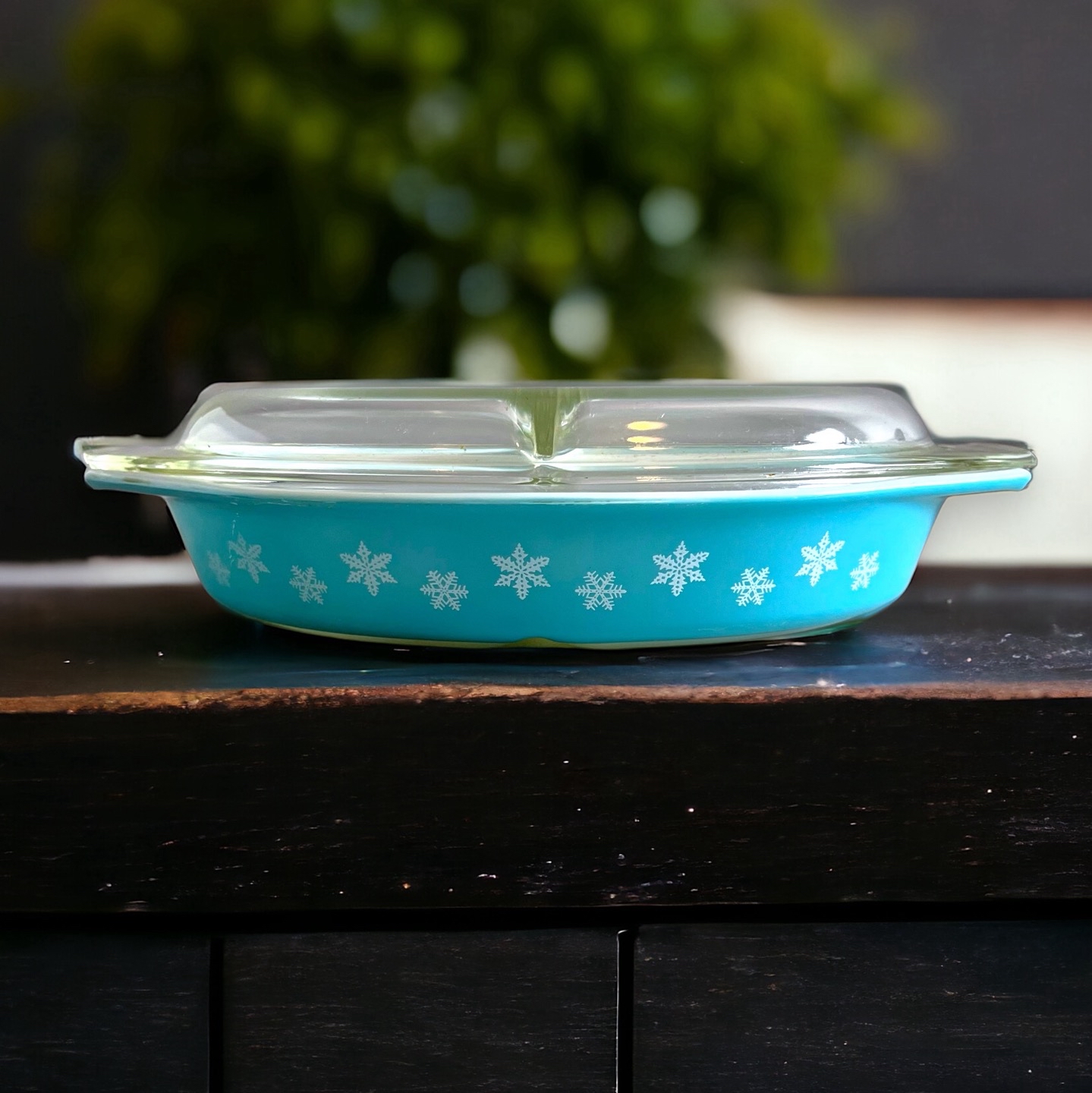 Vintage Pyrex Snowflakes 1965 White on Turquoise 063 Oval Divided Dish ...