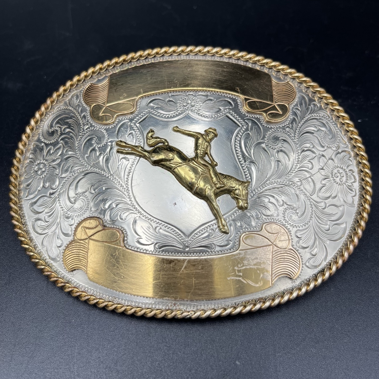 Vintage Cowboy Bronc Rider Bucking Horse Oval Nickel Western Belt Buckle