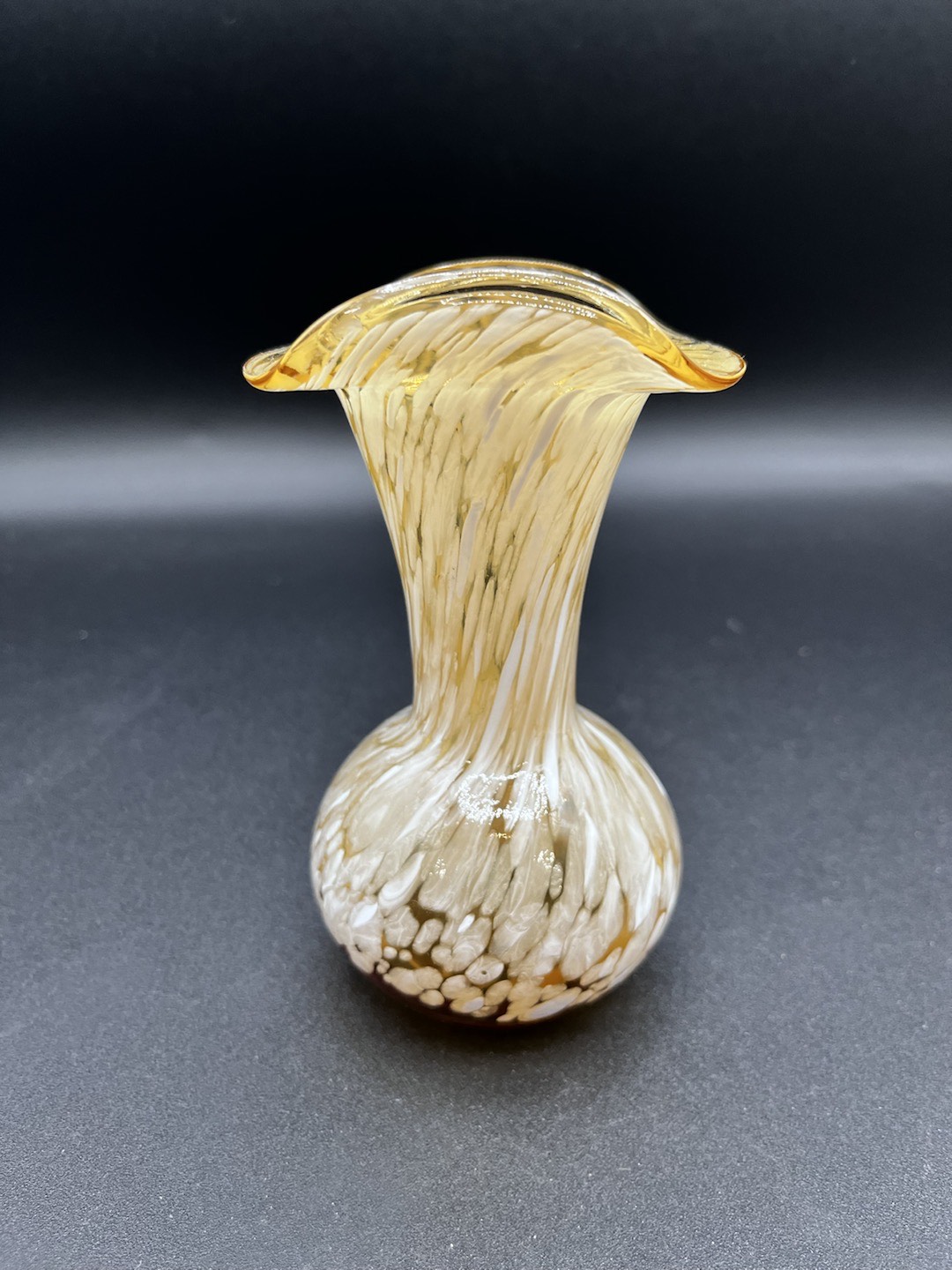 Rainbow Amber White Speckle Blown Art Glass Pitcher Vase 5”