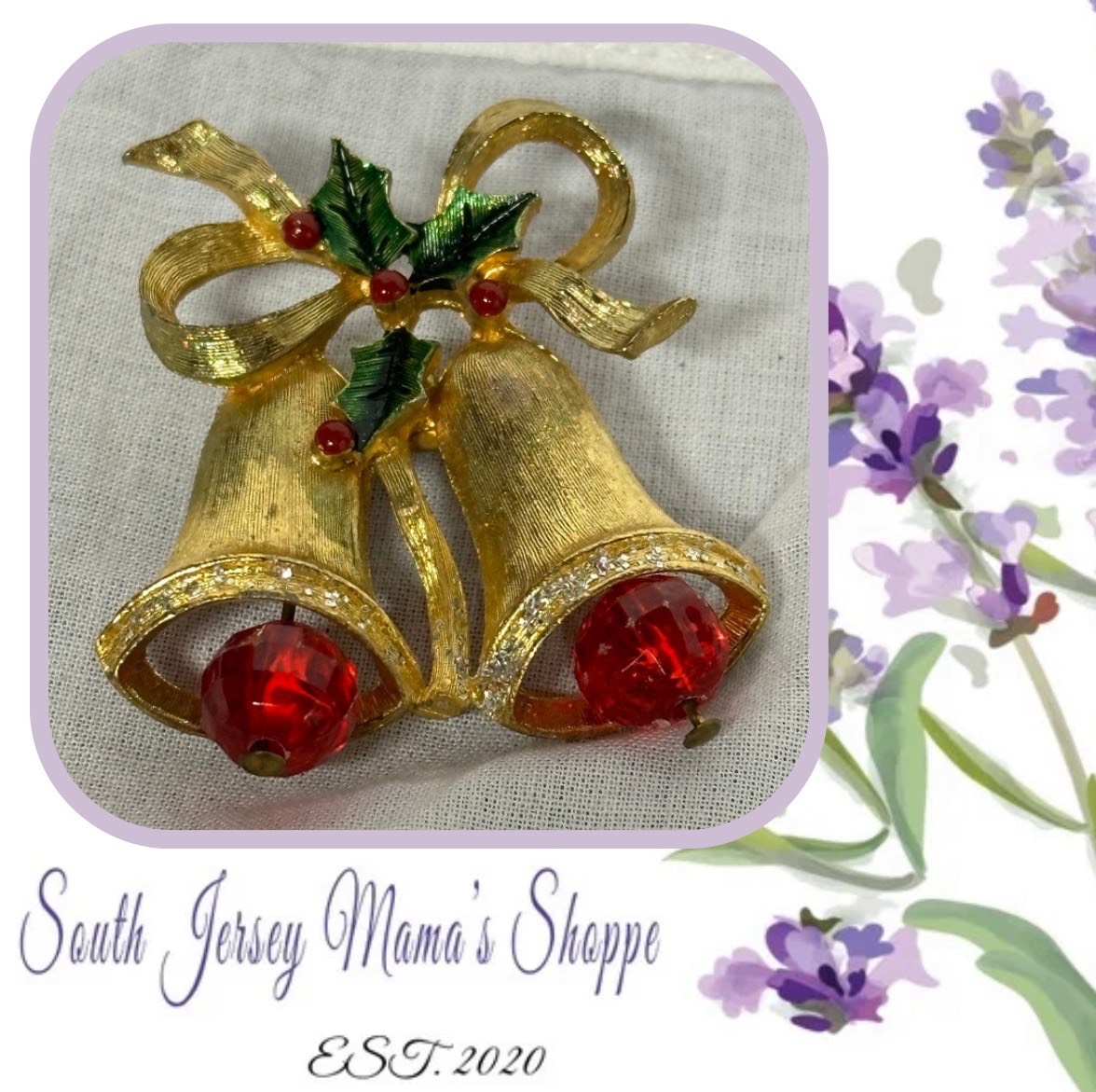 Vintage Gold Tone Bells With Enamel Holly Leaves And Rhinestones