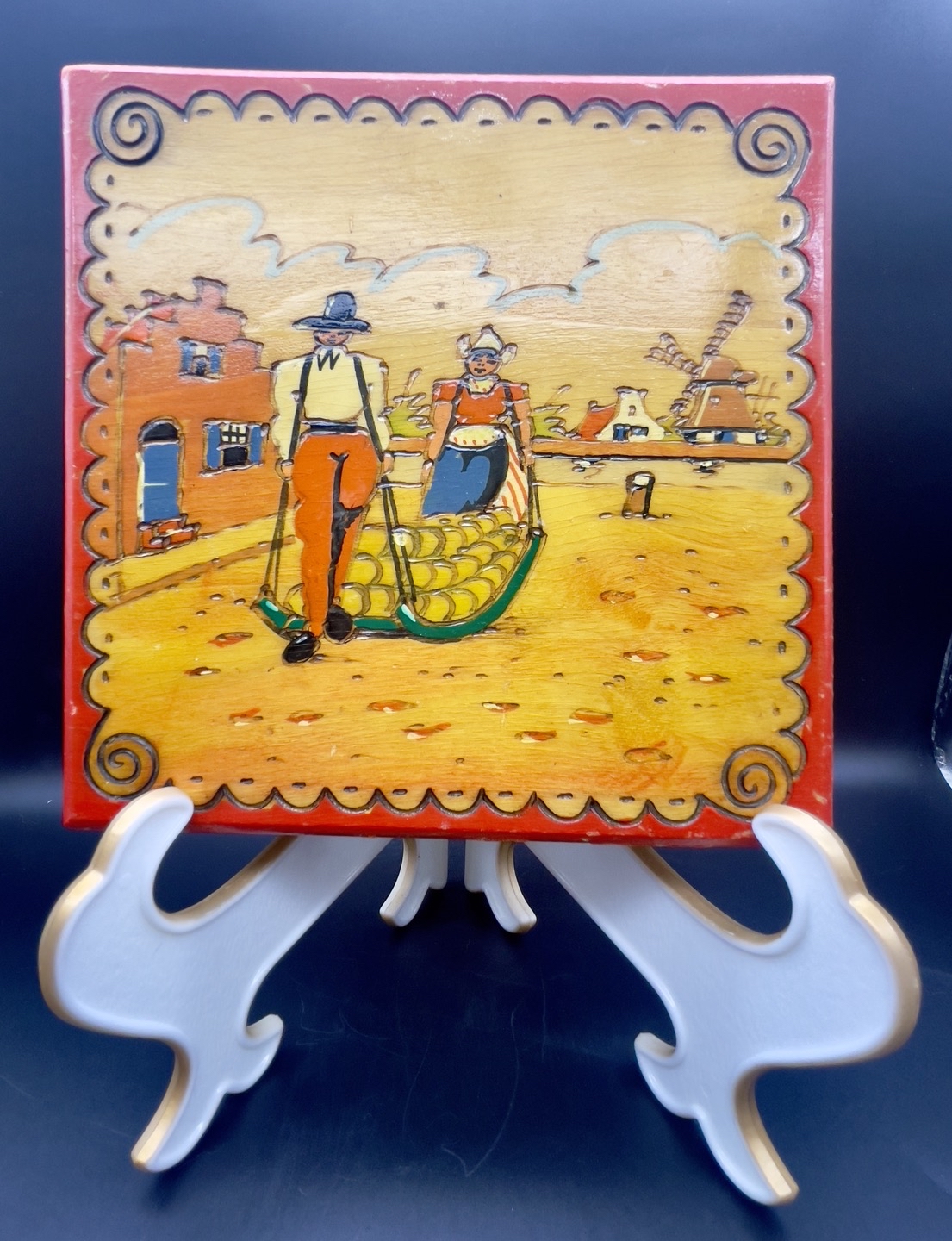 Vintage hand-painted Dutch pyrography wood box. Decorated with a ...