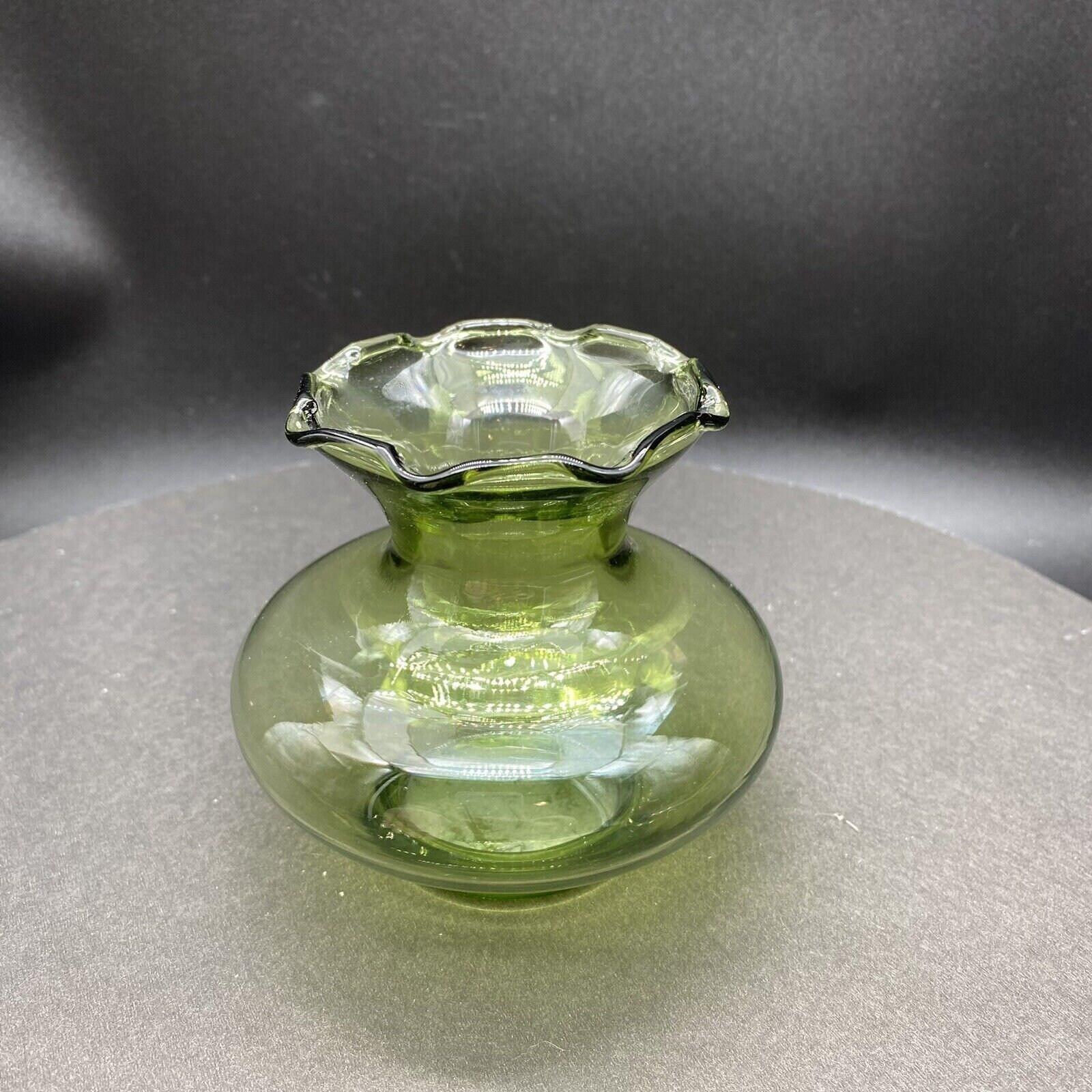 Vintage Anchor Hocking Crimped Green Glass Small Vase 1957-65