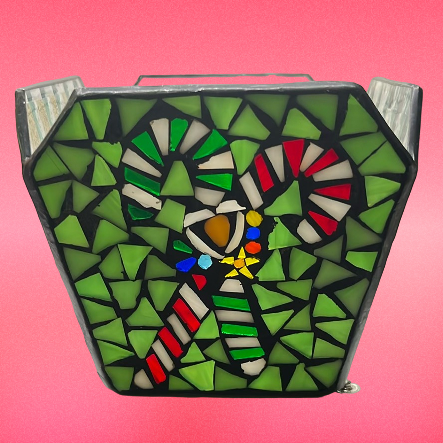 02. Vintage Stained Leaded Glass Mosaic Candy Canes Candle Holder ...