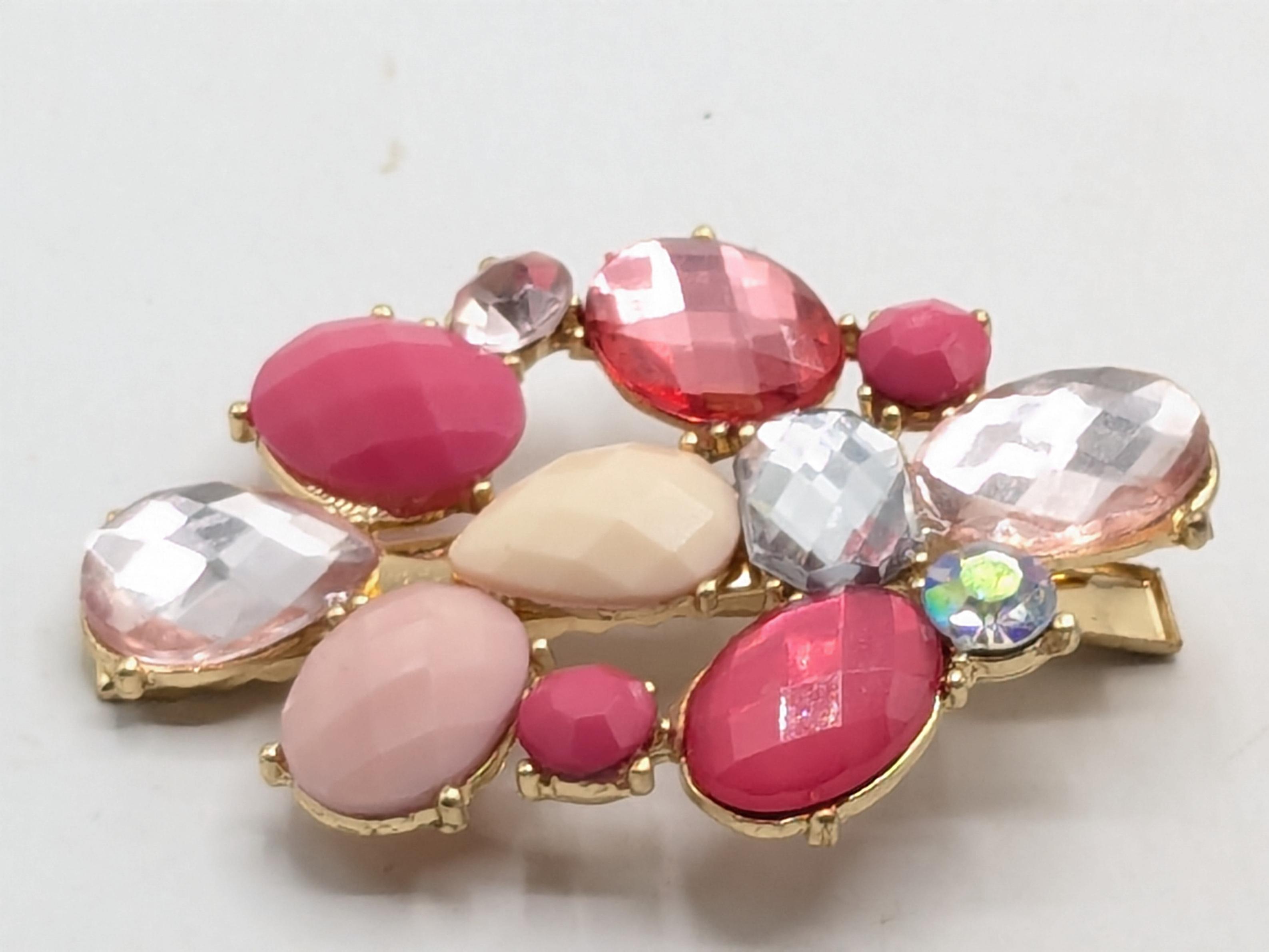 Pink Faceted Glass Gems Hair Clip Barrette Gold Tone