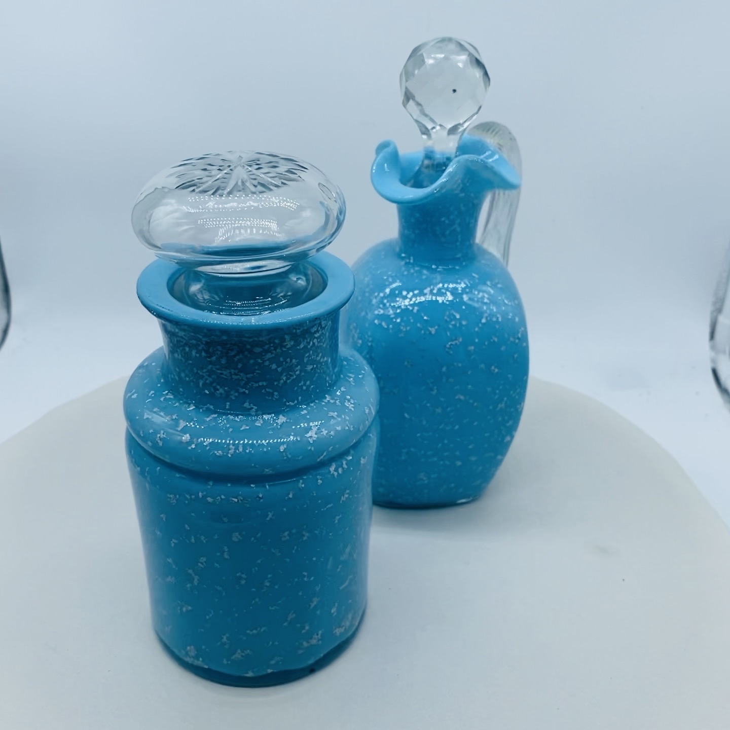 10 Pair blue cased glass cruets silver speckle design clear stoppers ...